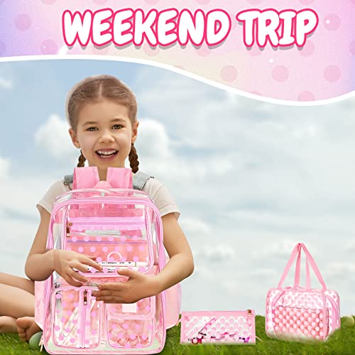 Silkfly 3 Pcs Clear Backpack Transparent School Backpacks PVC Clear Bookbag with Lunch Bag Pencil Case for Stadium, School (Pink, Polka Dot)