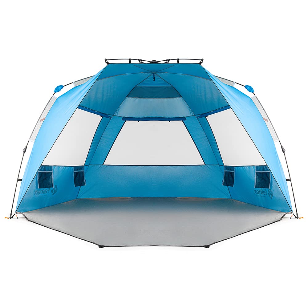 Falnex Beach Tent Classic XL Double Silver Coating UPF 50+ 4-6 Person Sun Shelter Beach Shade with Extended Zippered Floor Pacific Blue