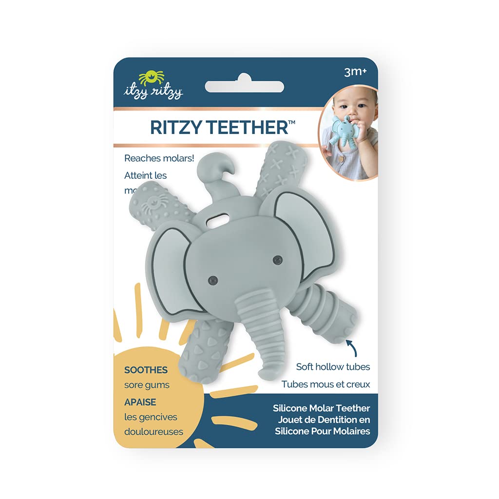 Itzy Ritzy - Ritzy Teether for Molars - Massages Sore Gums & Reaches Back Molars - Silicone Baby Teething Toy with Multiple Textures & Flexible Design - Teething Relief for 3 Months & Up (Elephant)