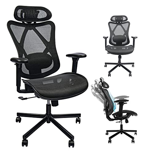 Mesh Office Chair, Ergonomic Office Chair with Adjustable Lumbar Support, Armrest, Headrest - Tilt High Back Desk Chair with Mute Wheel for Office, Home, Gaming
