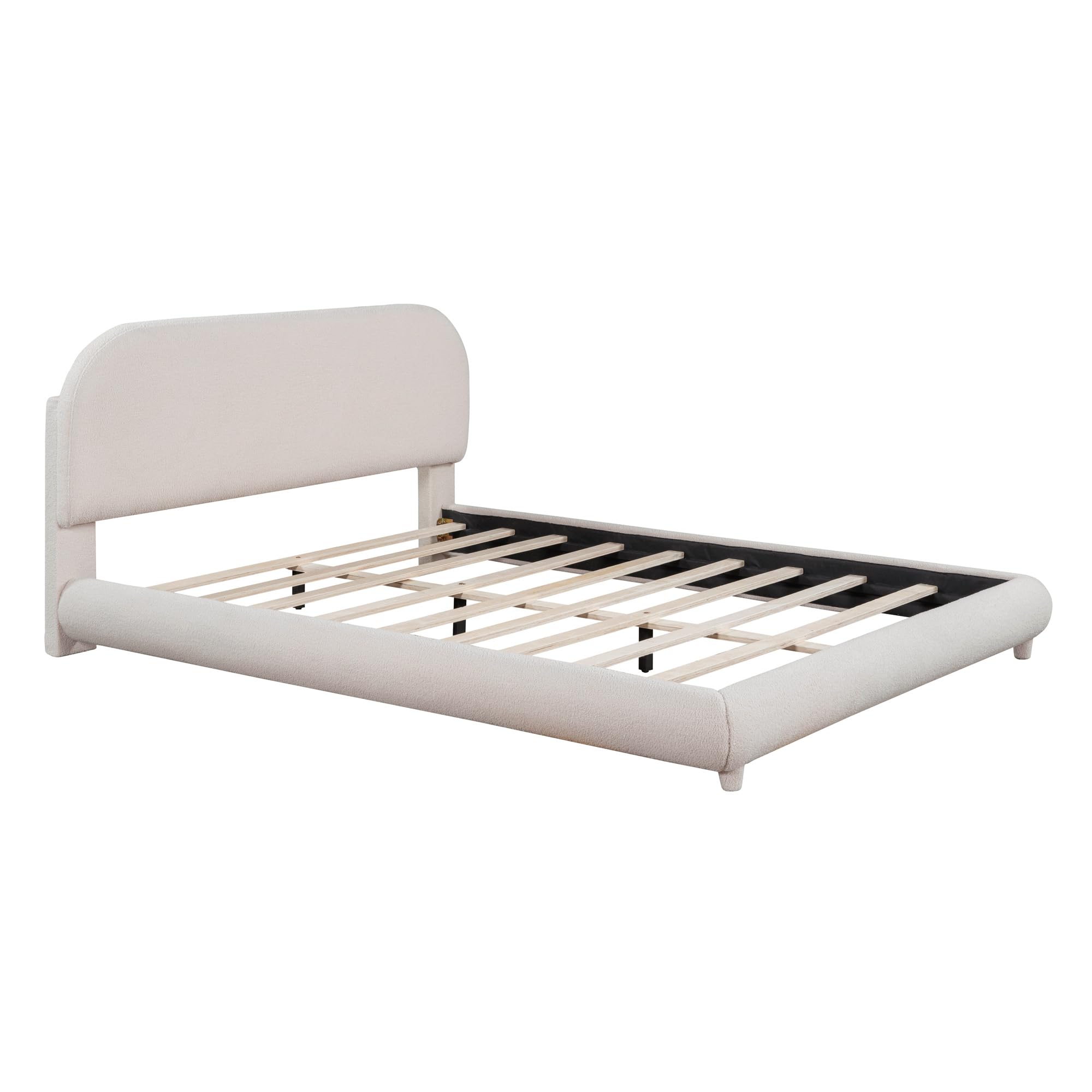 SIYSNKSI Queen Size Platform Bed with Thick Fabric, Teddy Fleece Upholstered Platform Bed with Curve-Shaped Design Headboard, Solid Wood Bed Frame for Boys Girls Kids Teens Adul (Beige + Fleece-21K)