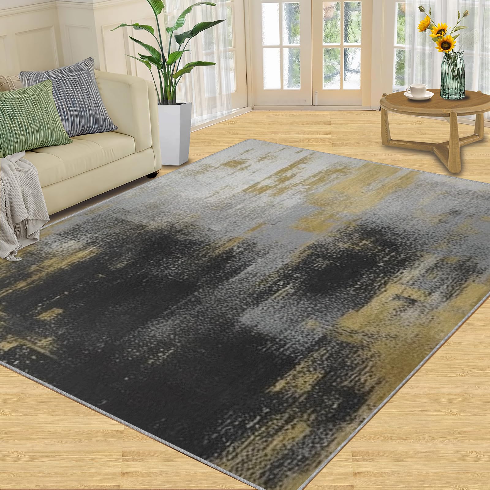 LEGENOB Washable Rugs 2x3 Retro Gold Leaf Pattern Black Area Rug ,Abstract Gradient Black Grey Rug for Living Room ,Anti-Slip Washable Rugs ,Apply to Bedroom Kitchen Dining Room Home Decoe