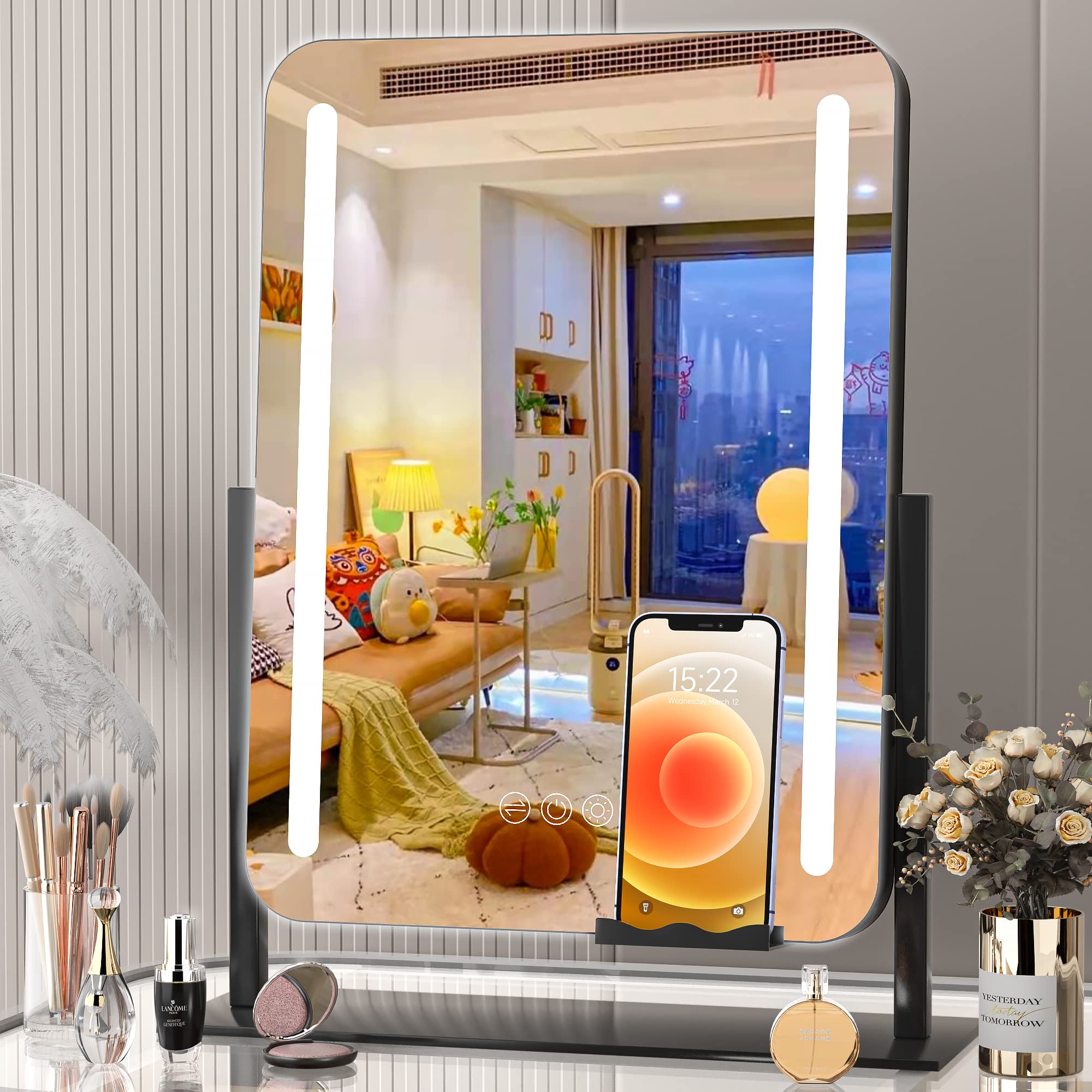 Hasipu Vanity Mirror with Lights, 16"×12" LED Makeup Mirror, Lighted Makeup Mirror with Lights, Smart Touch Control Dimmable 3 Modes Light 360°Rotation Black-II