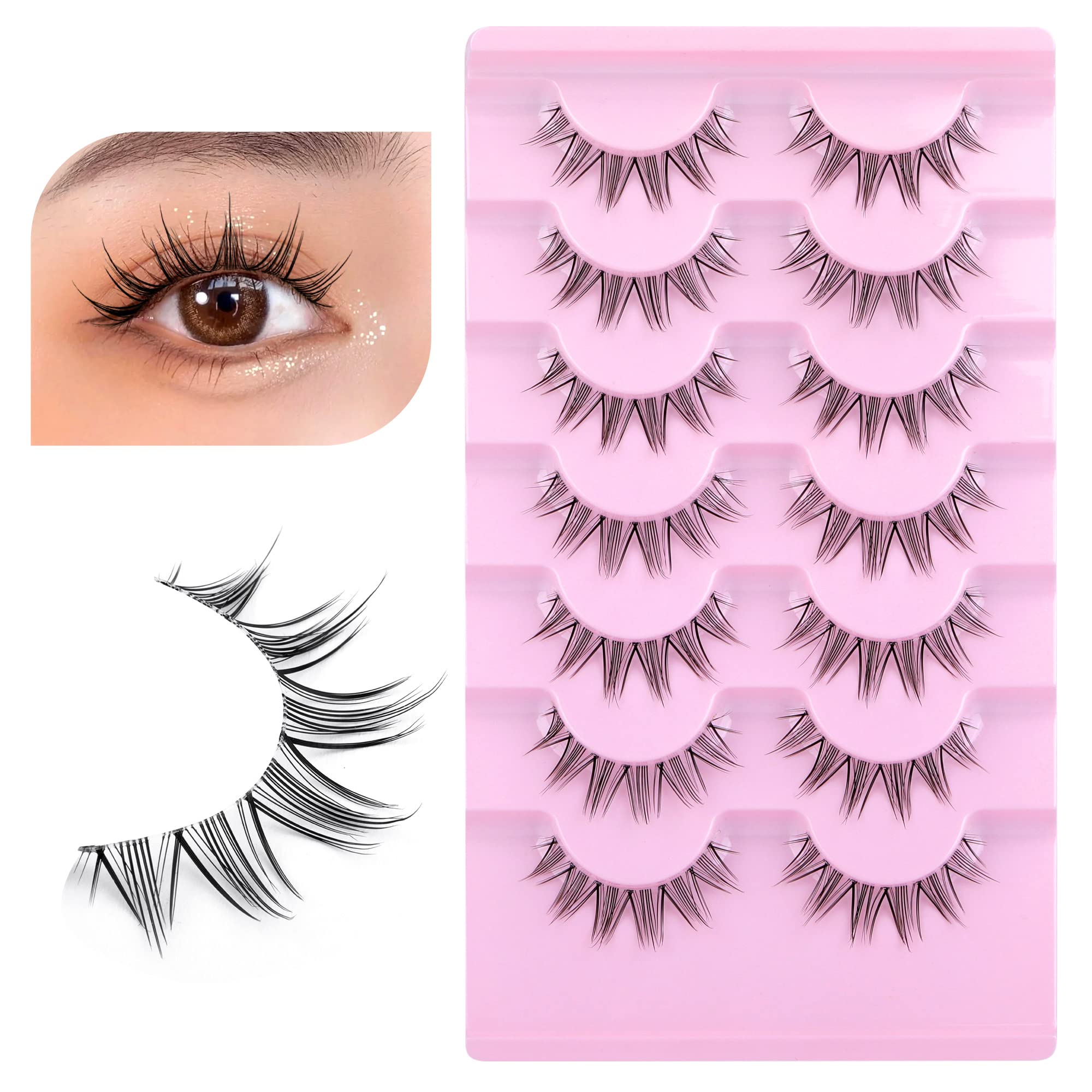 False Eyelashes Manga Lashes Natural Look Wispy Anime Lashes Mink Spiky Fake Eyelashes with Clear Band Strip Korean Eye Lashes Pack by GVEFETIEE