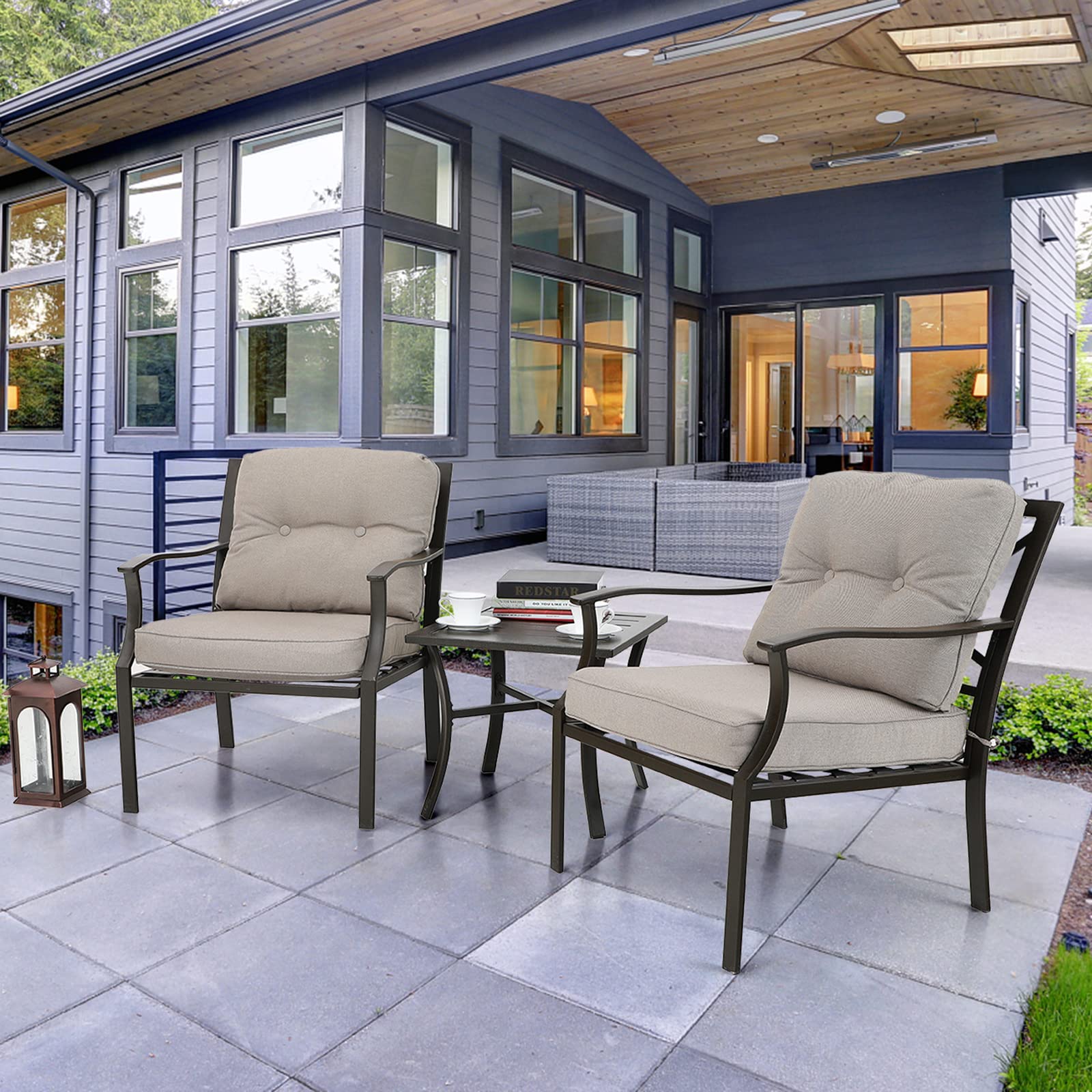 PHI VILLA Patio Conversation Sets 3 Piece Outdoor Bistro Set, 2 Steel Patio Chairs with Padded Cushions & 1 Coffee Side Metal Table