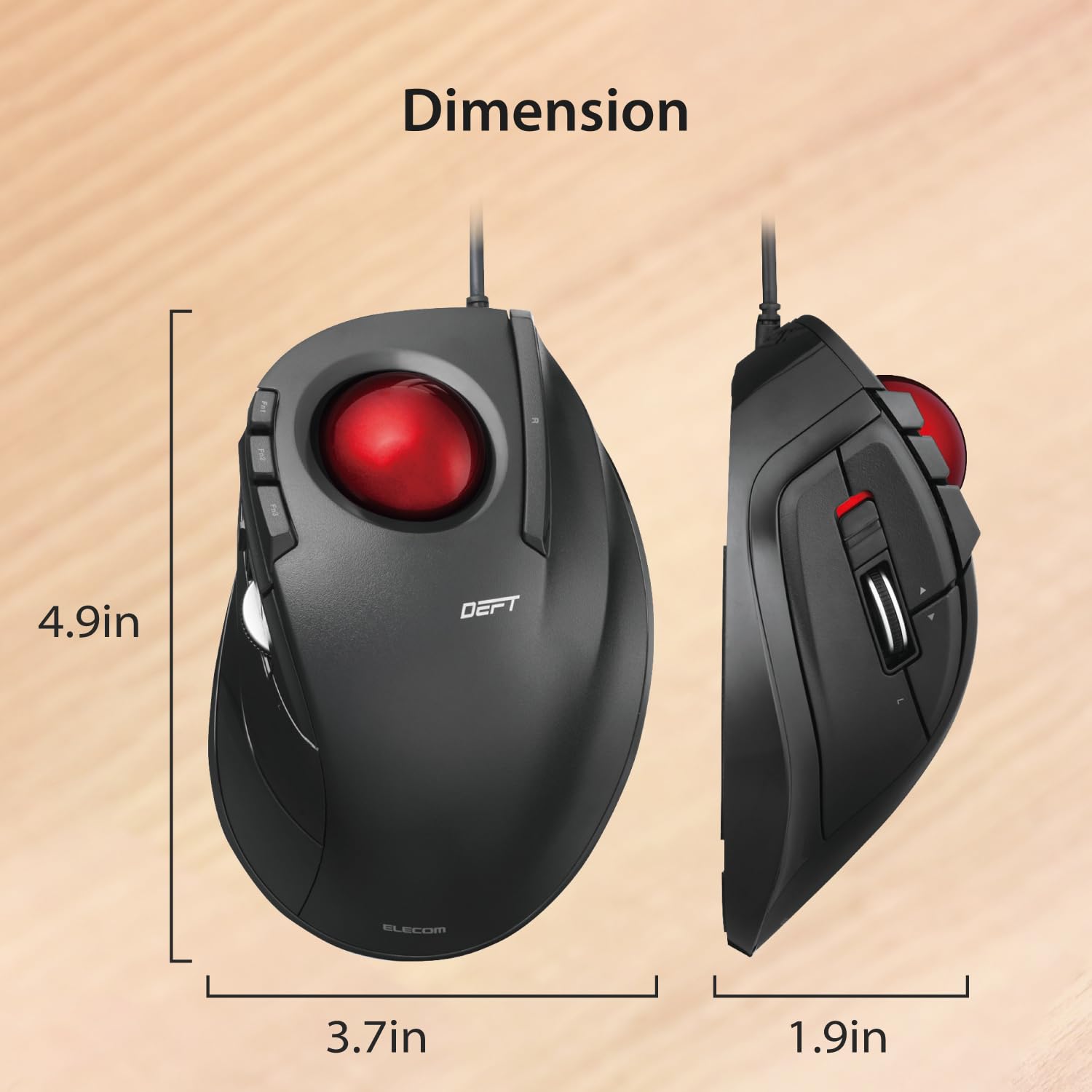 ELECOM DEFT Trackball Mouse, Wired, Finger Control, 8-Button Function with Smooth Tracking, Ergonomic Design, Optical Gaming Sensor, Smooth Red Ball, Windows11, macOS (M-DT2URBK-G)