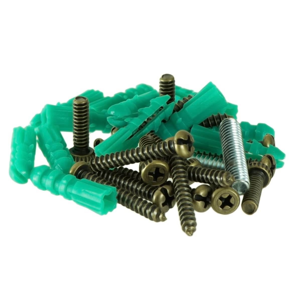 Ivilon Screws Set for Curtain Rods. 2X 1/4-20 Threaded Studs. 12x Wall Anchors and Screws. 6X #10-24 Grip Screws. Color Warm Gold