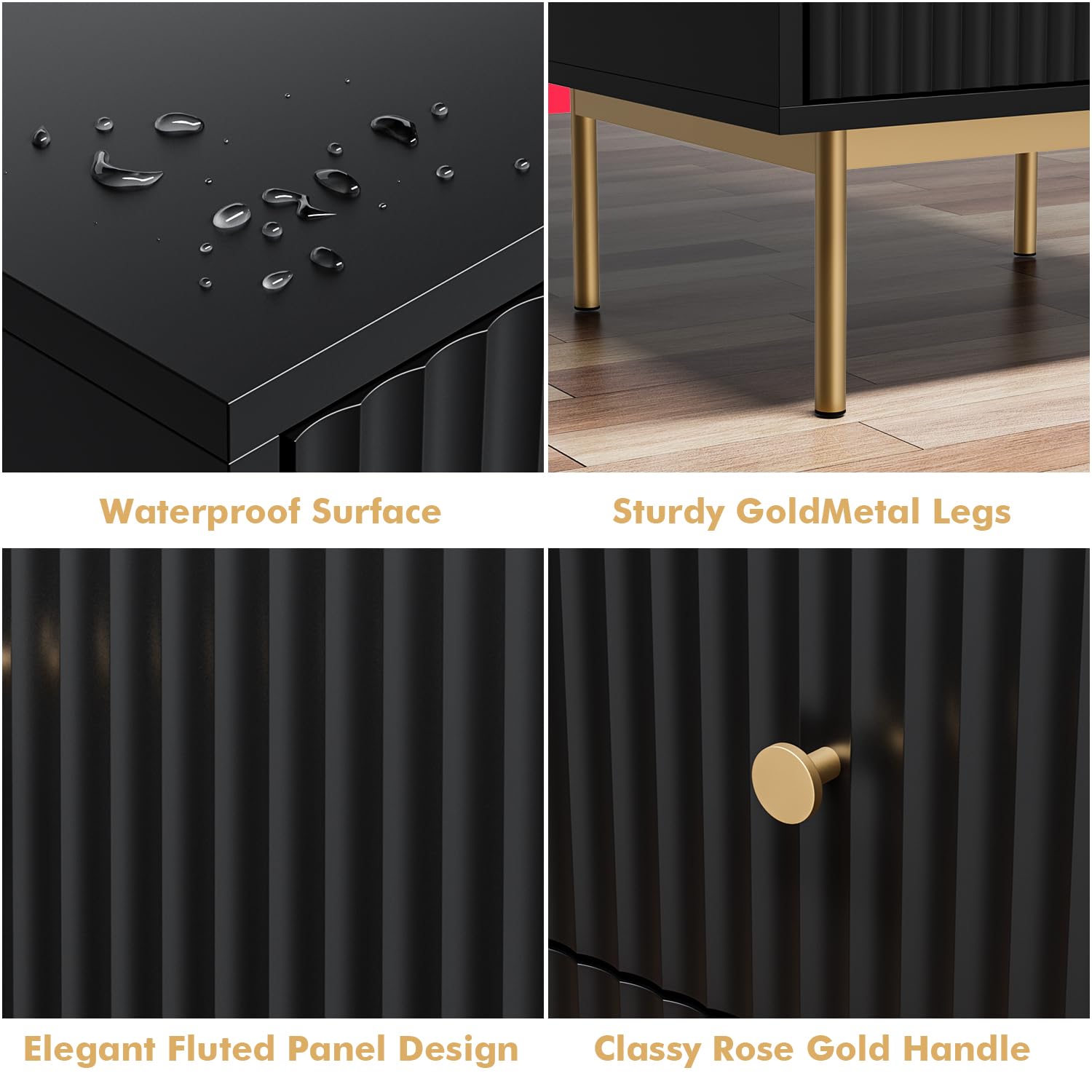 ORGANSANDS Black Nightstand Set of 2 for Bedroom, Fluted nightstand with 2 Drawers, Modern Storage Bedside Table with Wide Tabletop, End Tables with Gold Metal Legs & Handle