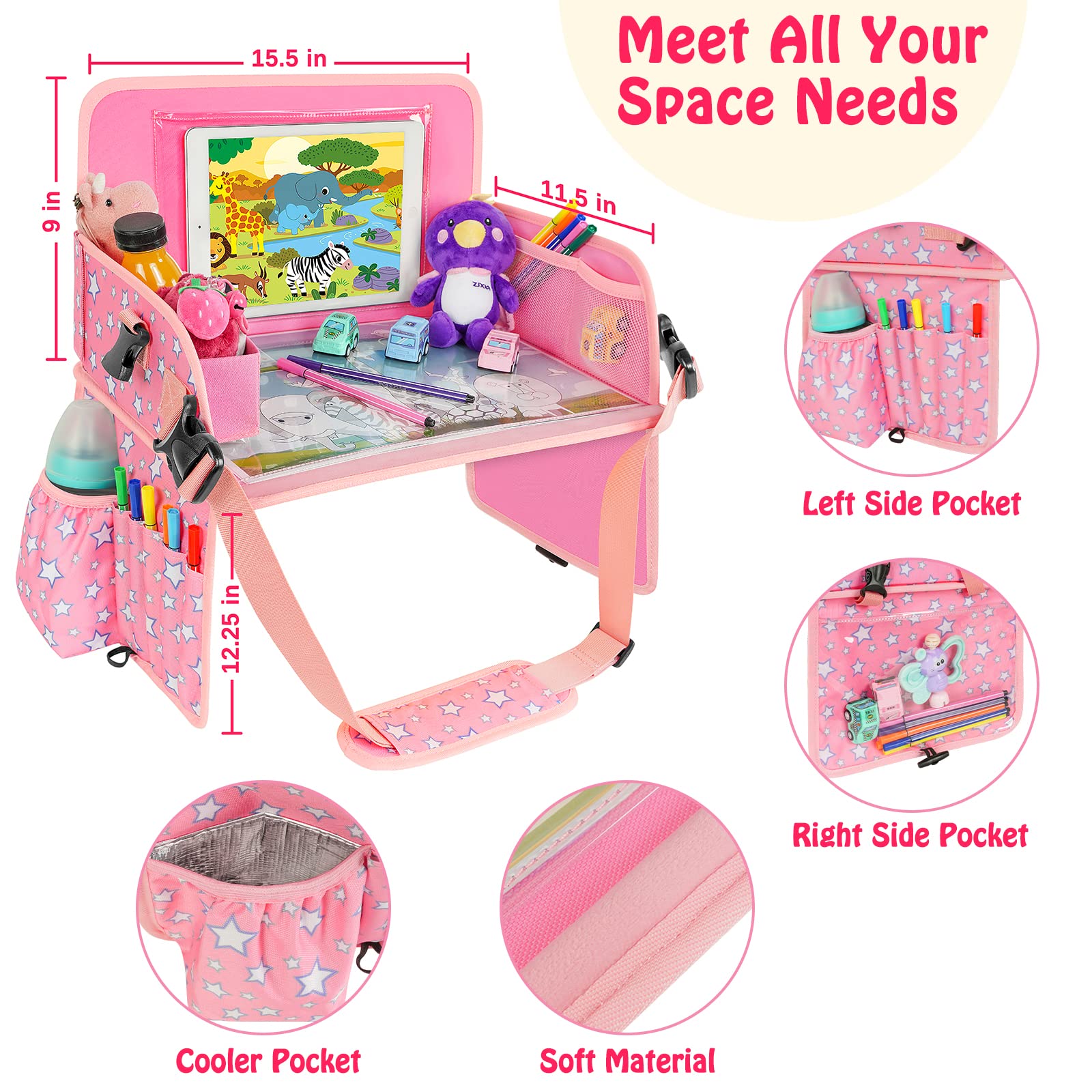 MENZOKE Pink & Black Kids Travel Tray Bundle,2 In 1 Backseat Car Organizer for Little KIds with Educational Drawing Board,Tablet Holder&Cooler Cup Holder, Car Seat Tray for Kid Travel, Birthday Gifts