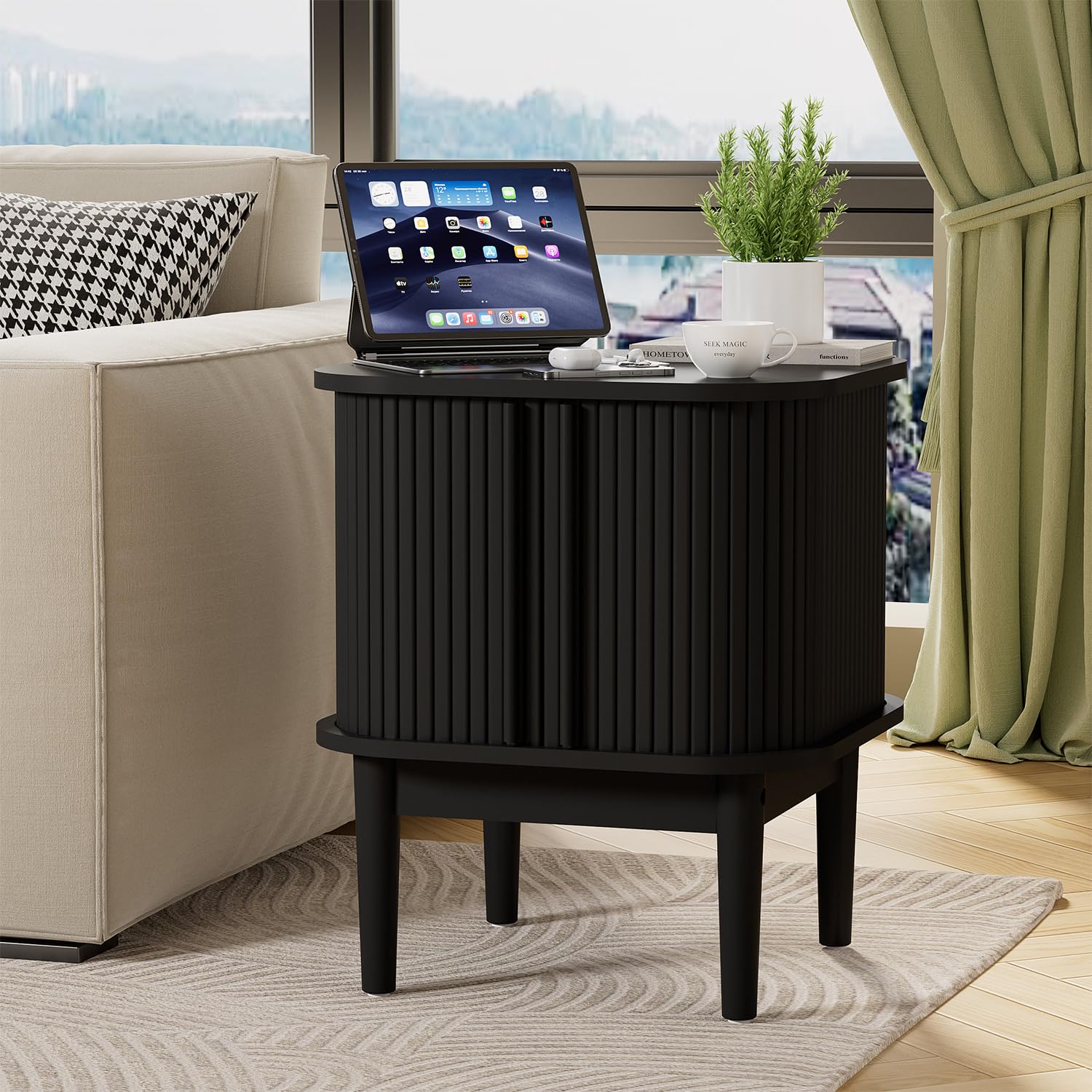 ORGANSANDS Sliding Door Tambour Nightstand Set of 2, Black Storage End Table with Curved Edge Design, Small Bedside Table Compact Sofa Side Table for Bedroom, Hallway, Small Space