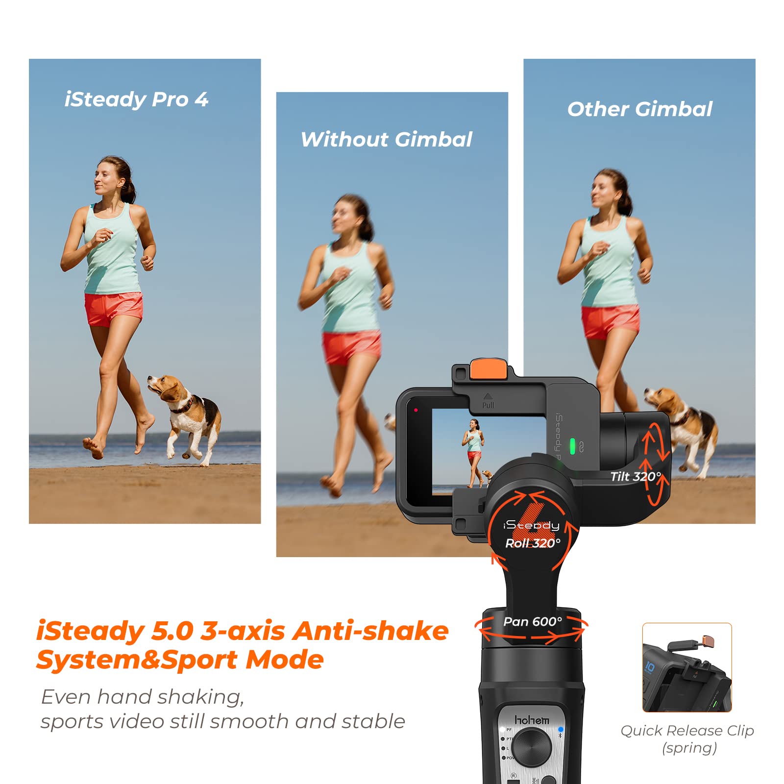 Gimbal Stabilizer for GoPro Action Camera, Hohem iSteady Pro 4, 3 Axis Handheld Gimbal Tripod Splash Proof Quick Clamping for GoPro10/9/8/7/6/5/4/3, DJI Osmo Action, Insta 360 One R (4K Version)