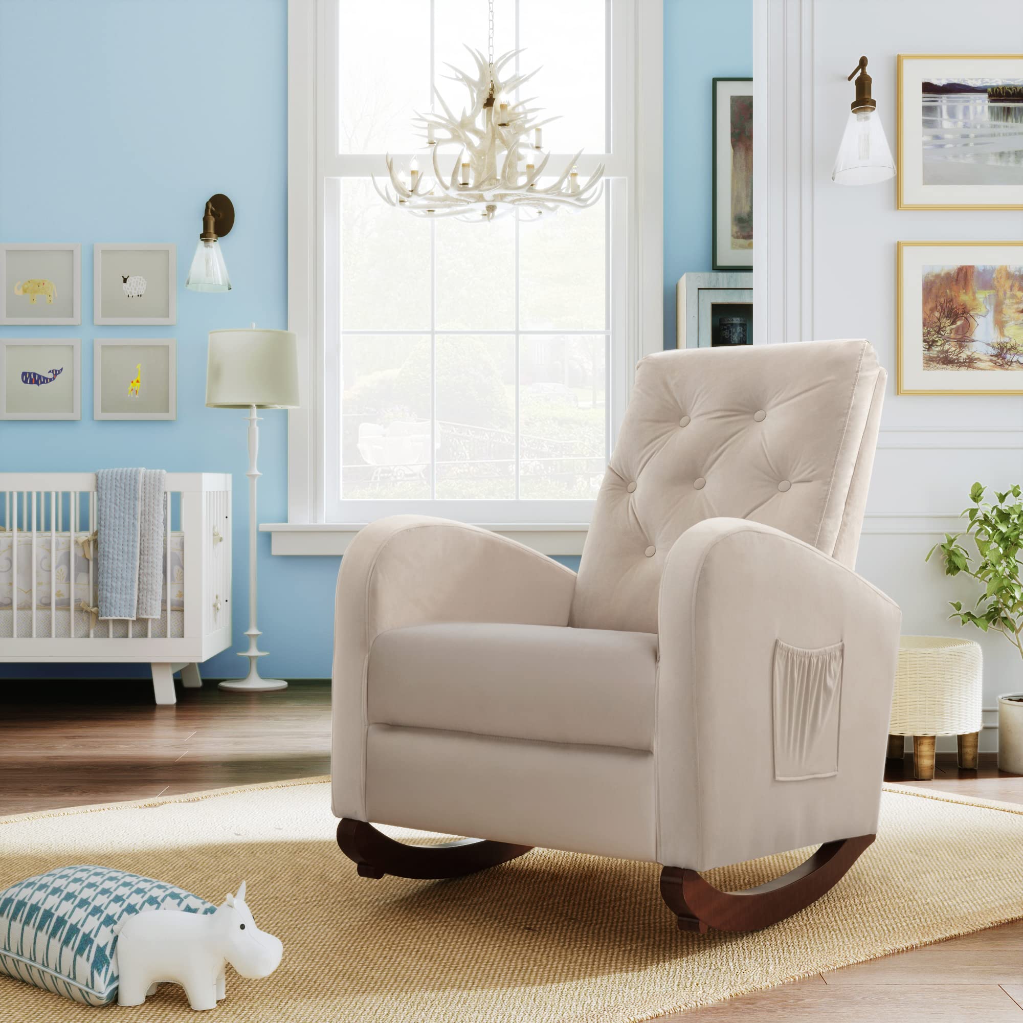 Merax Beige Modern Tufted Rocking Chair with High Back, Upholstered Baby Nursery Glider Rocker with Padded Seat, Set of 1