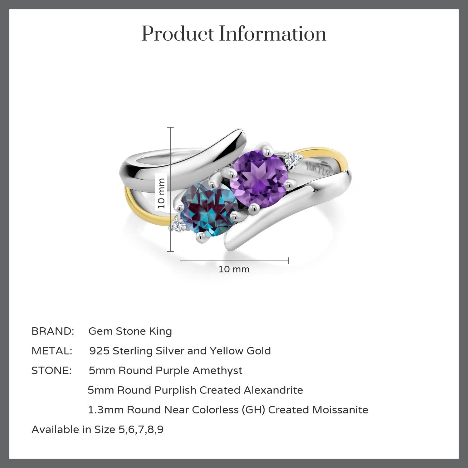 Gem Stone King 1.08 Ct Purple Amethyst Purplish Created Alexandrite 925 Silver and 10K Yellow Gold Ring (Size 9)