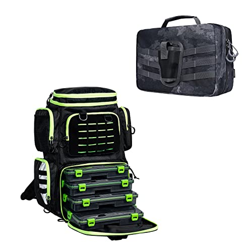 FEIWOOD GEAR Fishing Tackle Backpack with 4 Tackle Boxes+Bait Storage Bag,Saltwater Resistant Soft Bait Binder Bag