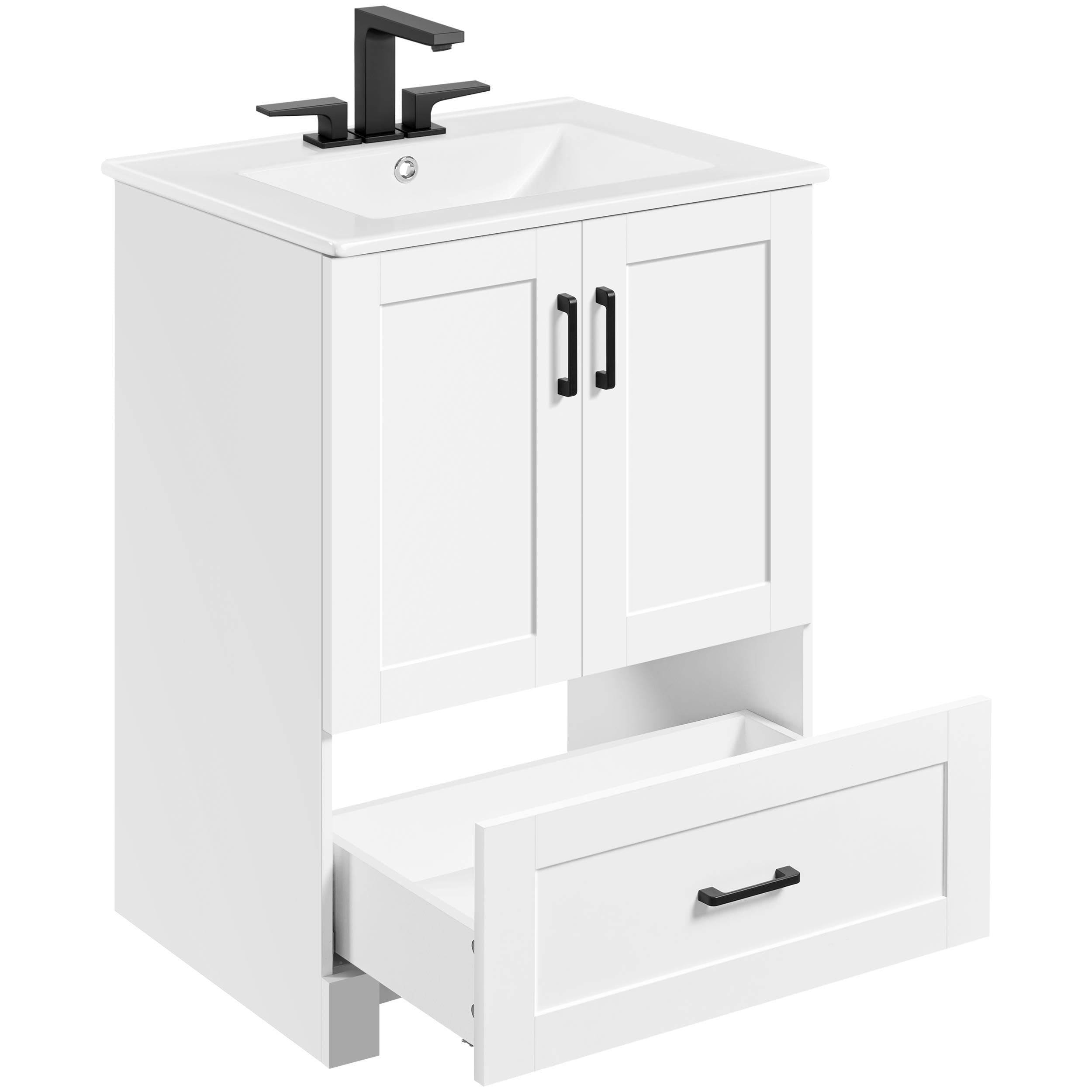 Yaheetech 24.5" Bathroom Vanity with Ceramic Sink, Bathroom Vanity Sink Cabinet with 2 Doors and 1 Drawer, Bathroom Vanities Floor Standing with Sink Combo Set, White