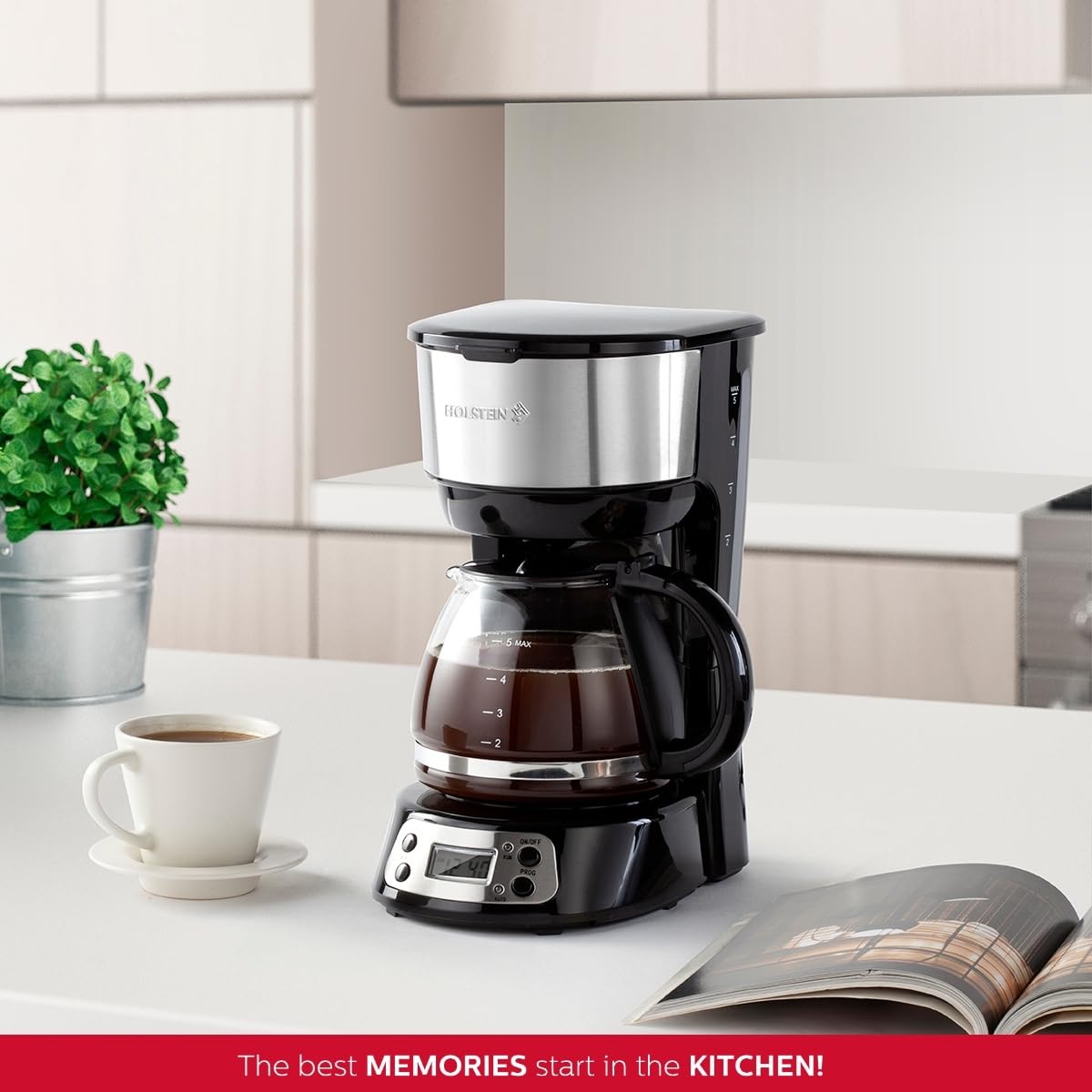 Holstein Housewares 5-Cup Programable Coffee Maker, Convenient and User Friendly, Black and Stainless Steel with Auto Pause and Serve Function, Glass Carafe