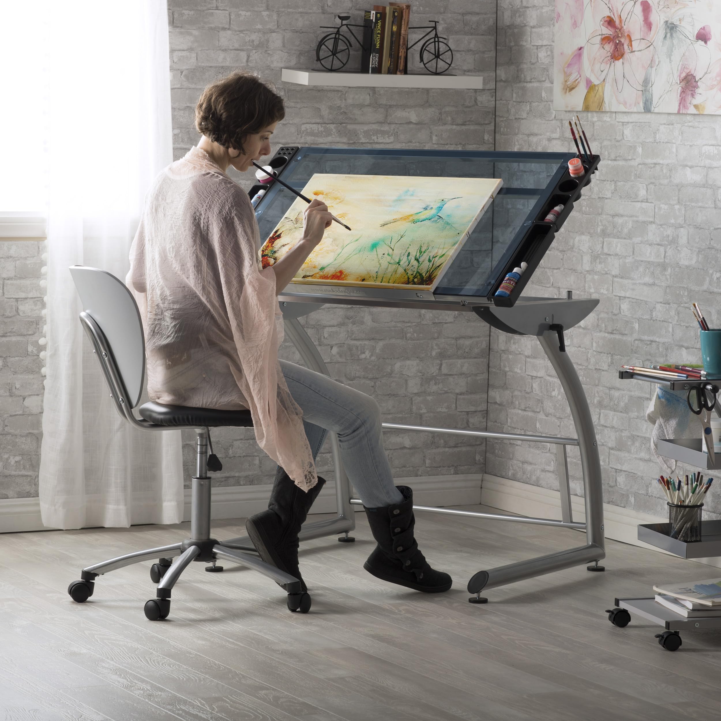 SD Studio Designs Triflex Drawing Table, Sit to Stand Up Adjustable Office Home Computer Desk, 35.25" W X 23.5" D, Silver/Blue Glass