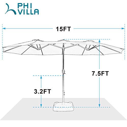 PHI VILLA 15ft Large Patio Umbrella with Solar Lights, Double-Sided Outdoor Market Rectangle Umbrellas with 36 LED Lights, Base (Stand) Included, Beige