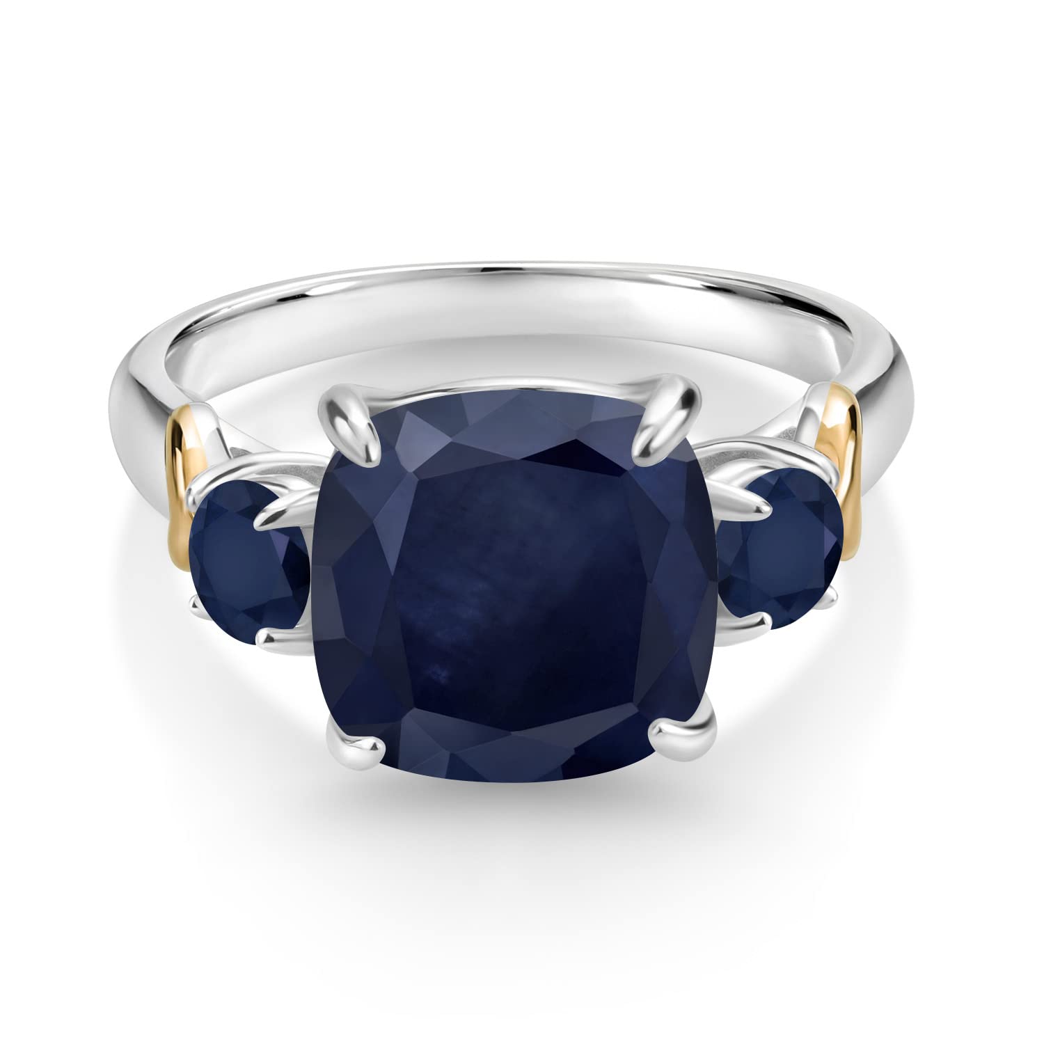 Gem Stone King 925 Silver and 10K Yellow Gold Blue Sapphire 3 Stone Ring For Women (5.30 Cttw, Gemstone September Birthstone, Cushion 10MM, Round 4MM, Available In Size 5, 6, 7, 8, 9)