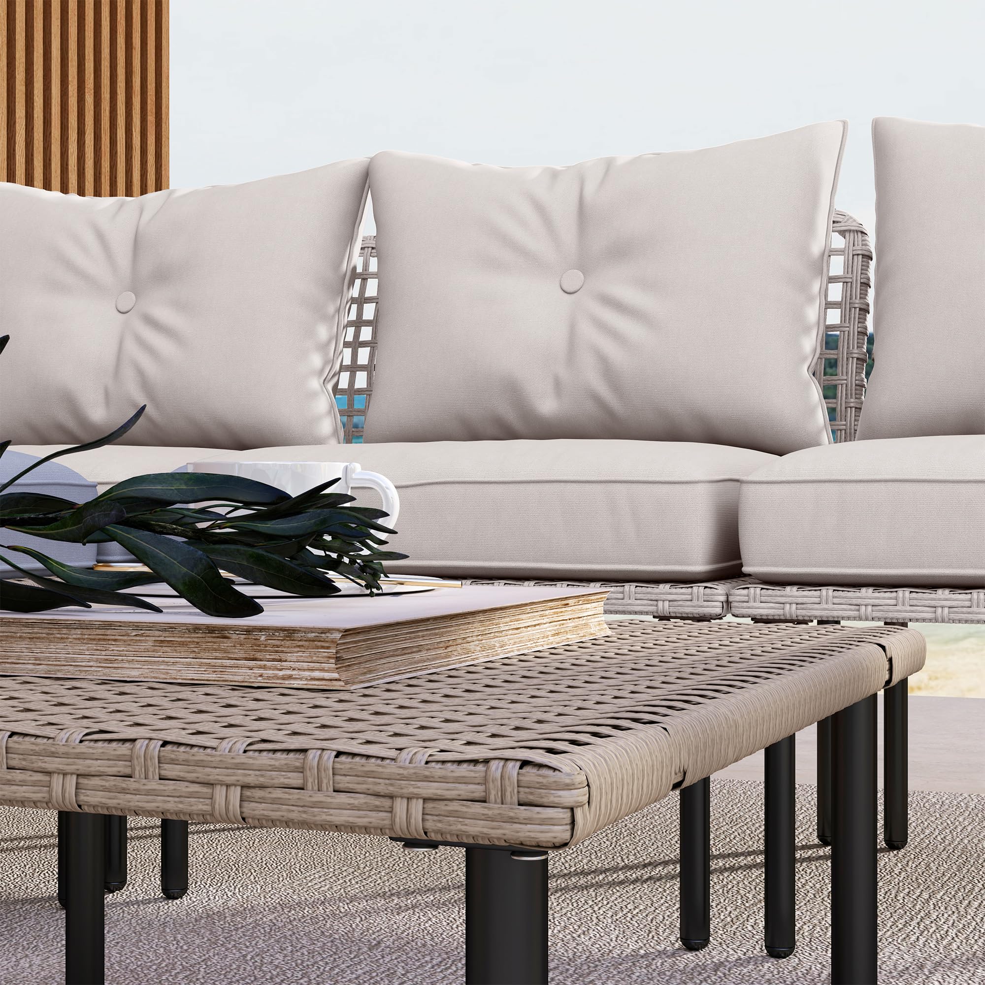 Outsunny 5 Piece Patio Furniture Set, Outdoor Conversation Set with L-Shaped Sofa, Cushions, for Backyard, Lawn and Pool, Cream White