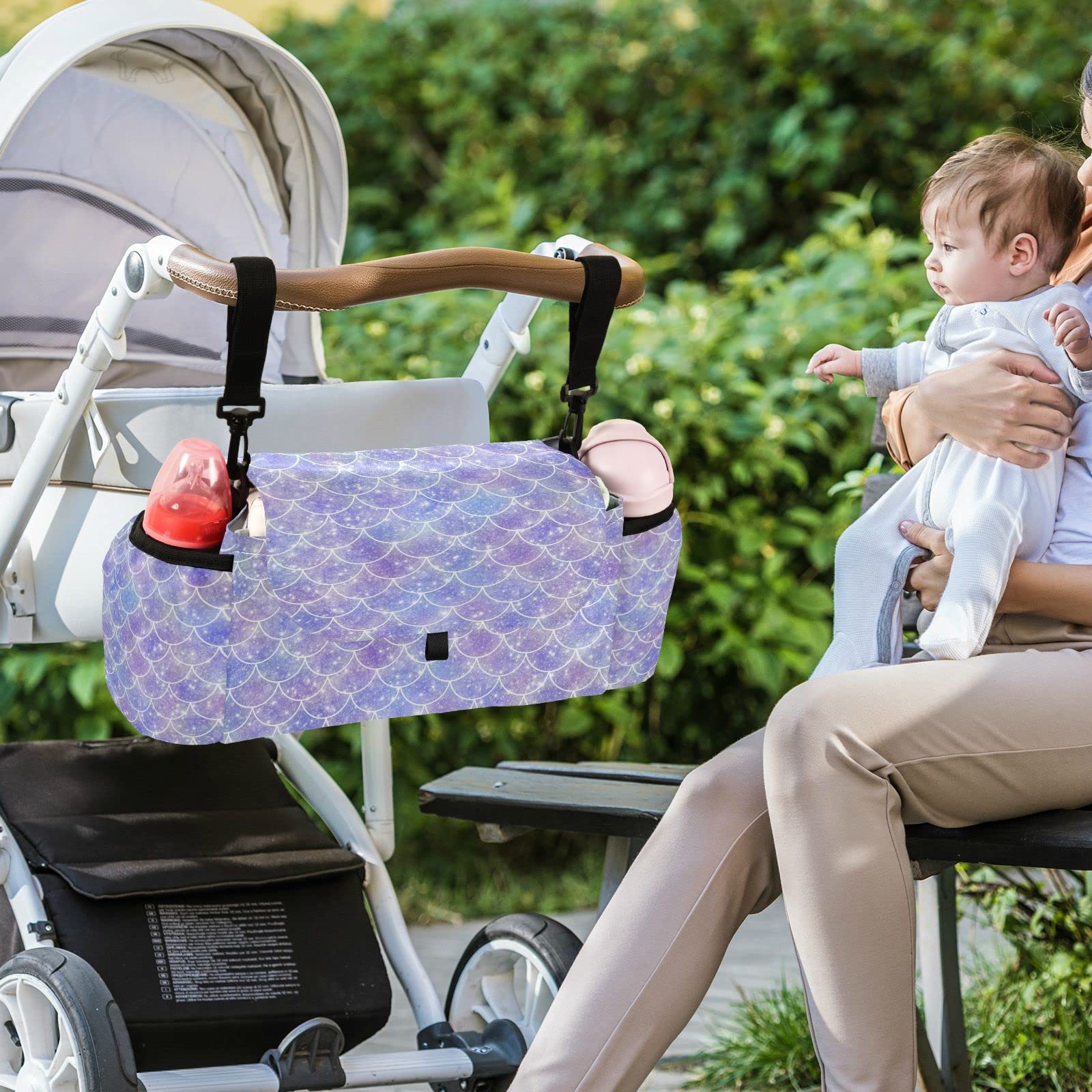 Mermaid Scales Stroller Organizer with Cup Holder Universal Stroller Organizer Bag Detachable Shoulder Strap Stroller Accessories for Diaper Toys Snacks Keys Fit All Baby Stroller