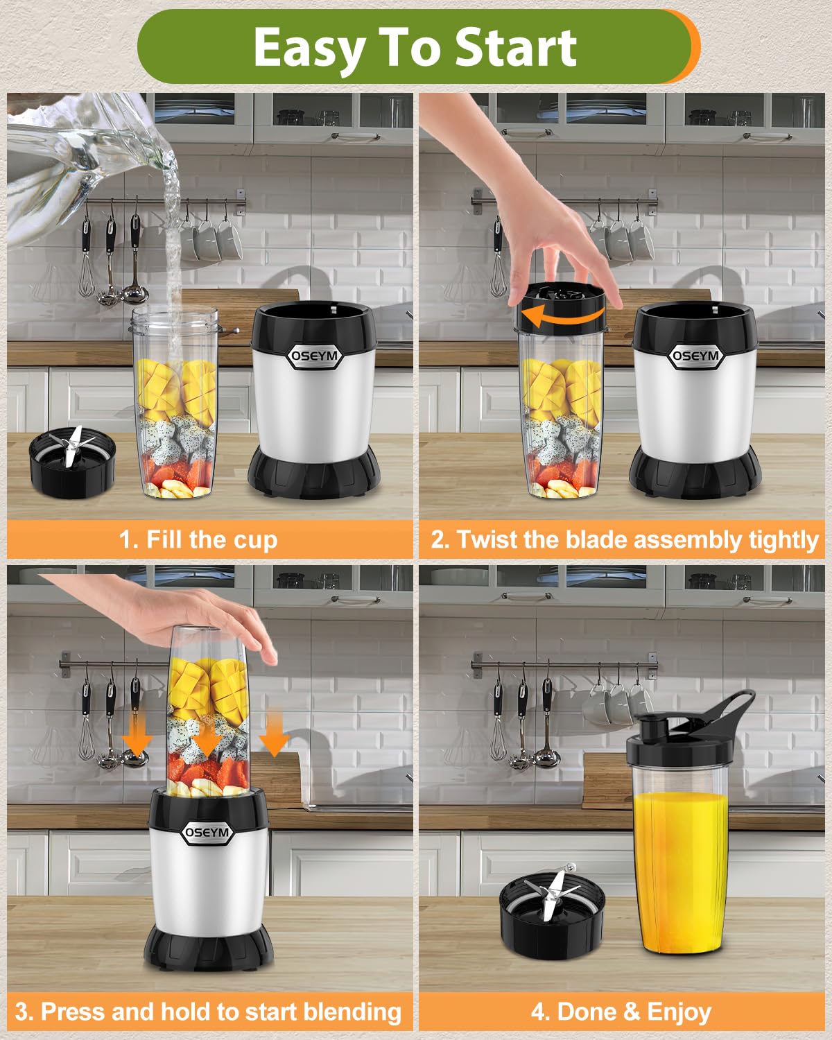 OSEYM Blender for Shakes and Smoothies, Large Size Personal Blenders for Kitchen Max 1000W High Power with Blending and Grinding, Countertop Blenders with 2 * 27 Oz & 10 Oz BPA Free Travel Cup and Lid
