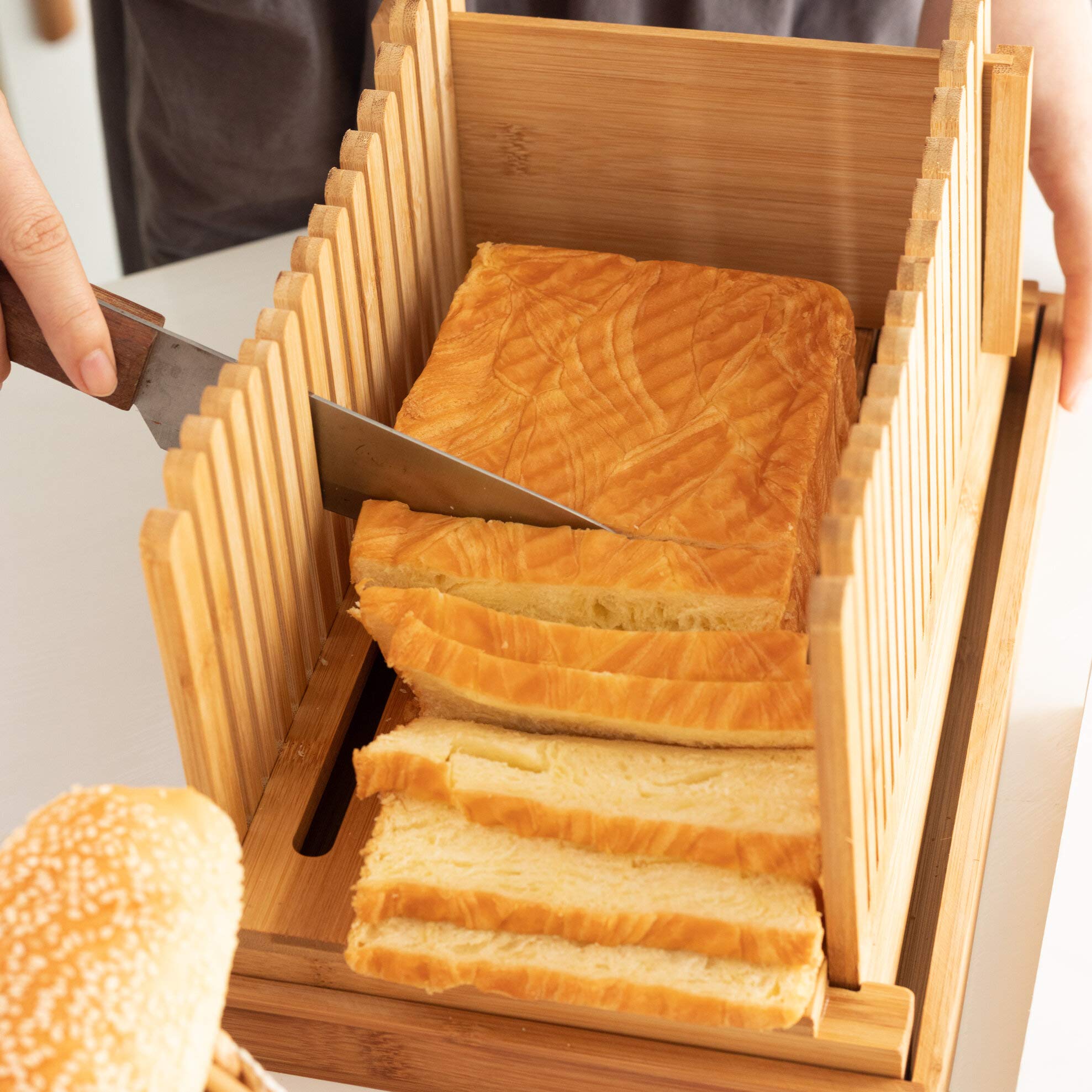 Eon Concepts Bamboo Bread Slicer - Adjustable & Foldable Cutting Guide with Bread Knife for Homemade Bread and Bagels - Compact Design With Crumb Catcher Tray…