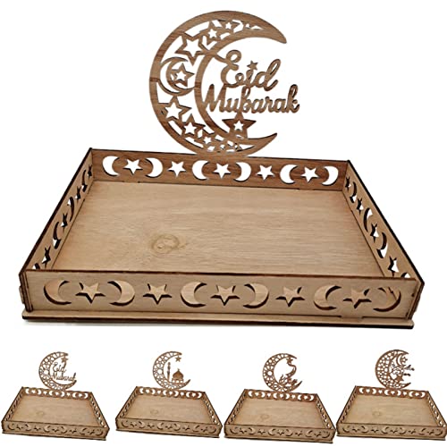Likense Ramadan Wood Tray, Artistic Eid Mubarak Party Serving Display Decoration, Large Capacity Food Serving Tableware Tray Tabletop Decor for Table, Dessert Tray, Ramadan Serving Plate