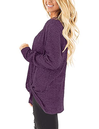 SimpleFun Twist Knot Tunic Tops for Women Petite Long Sleeve V Neck Loose Fitting Tshirts Purple S