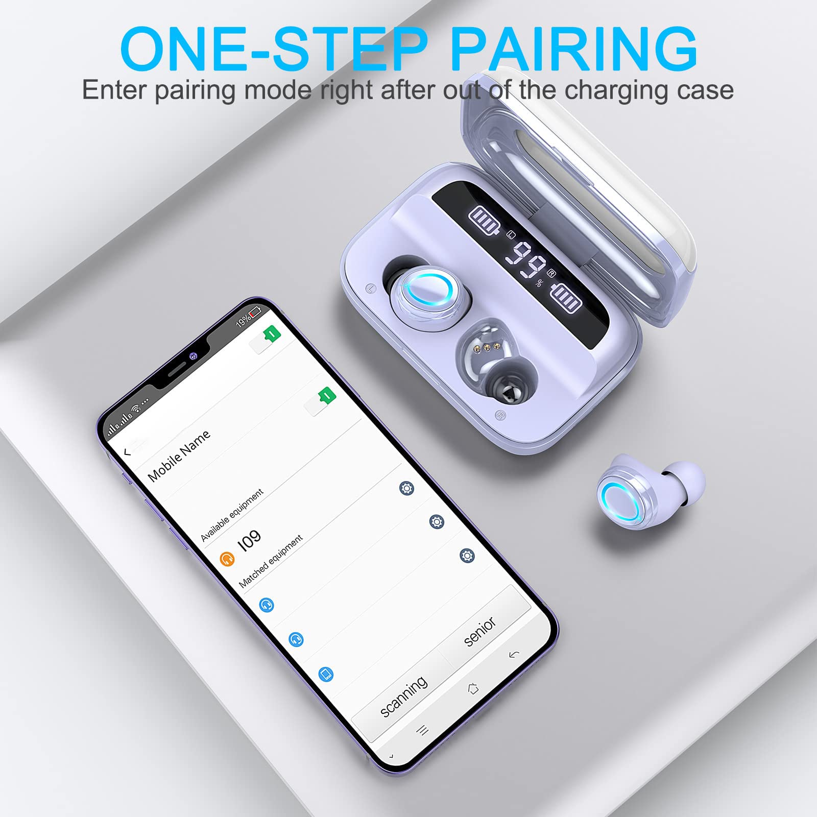 Donerton Wireless Earbud 5.3 Headphones 80 Hours Playtime Earphones with Charging Case, in Ear Headset IP7 Waterproof Earbud Noise Cancelling Microphone, LCD Display, for Working, Purple