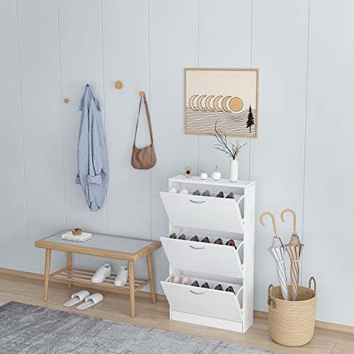 Karl home Narrow Shoe Cabinet for Entryway, Freestanding Shoe Rack with 3 Flip Drawers Doors, Adjustable Tipping Wood Hidden Storage Organizer for Hallway Apartment Foyer, White