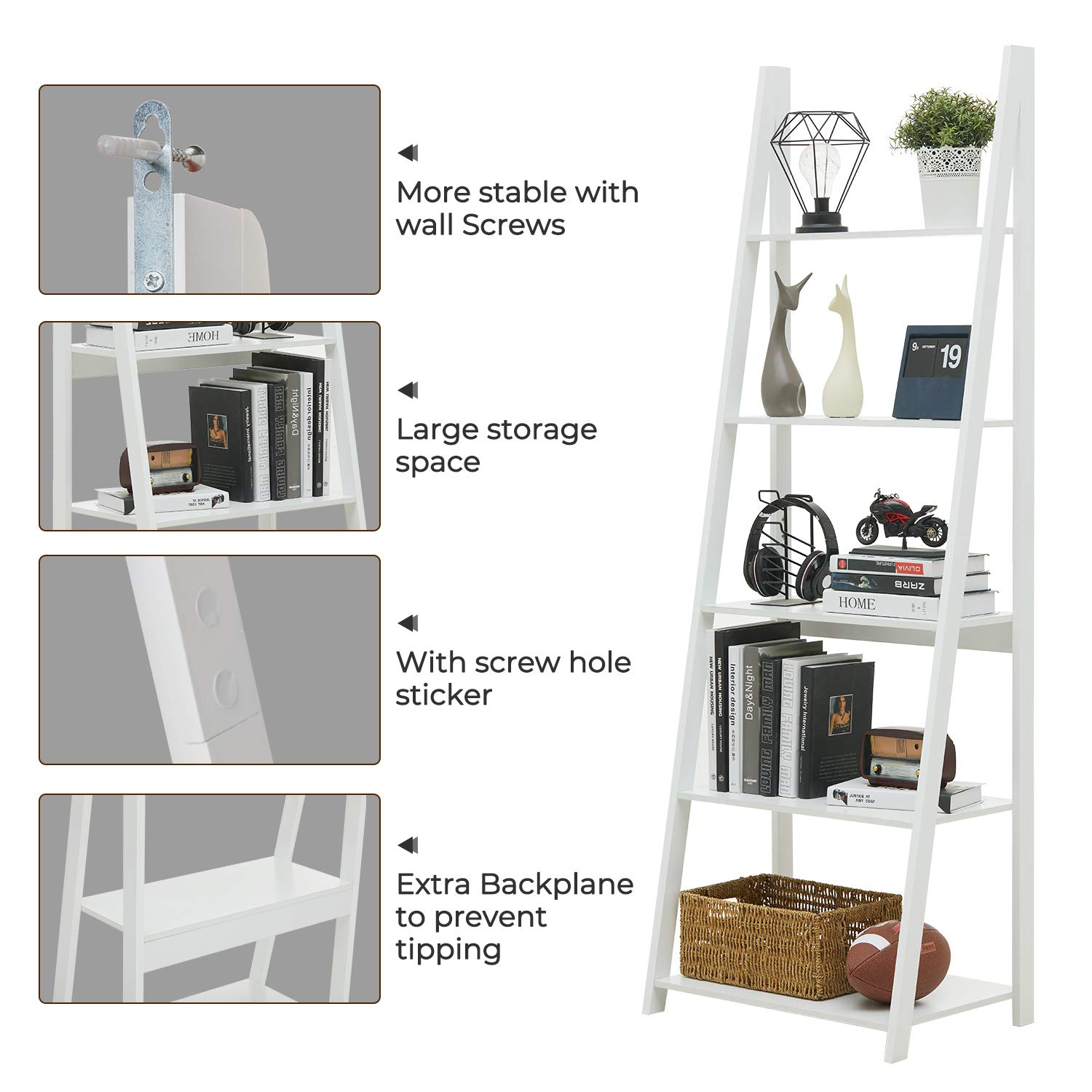 EPHEX 5-Tier Ladder Shelf Bookcase, Leaning Bookshelf, Wooden Frame Decor Modern Bookshelf Storage, Flower Shelf Plant Display Shelf for Home Office (Brown)