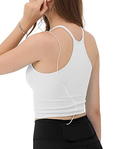 ODODOS Women's Crop Camisole 3-Pack Washed Seamless Rib-Knit Crop Tank Tops, Long Crop, White Gray Black, Medium/Large