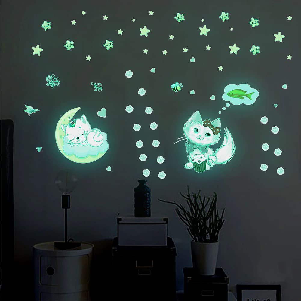 MESU Glow in The Dark Cat Wall Stickers Luminous Ceiling Decals for Nursery Kids Bedroom Decor Cat