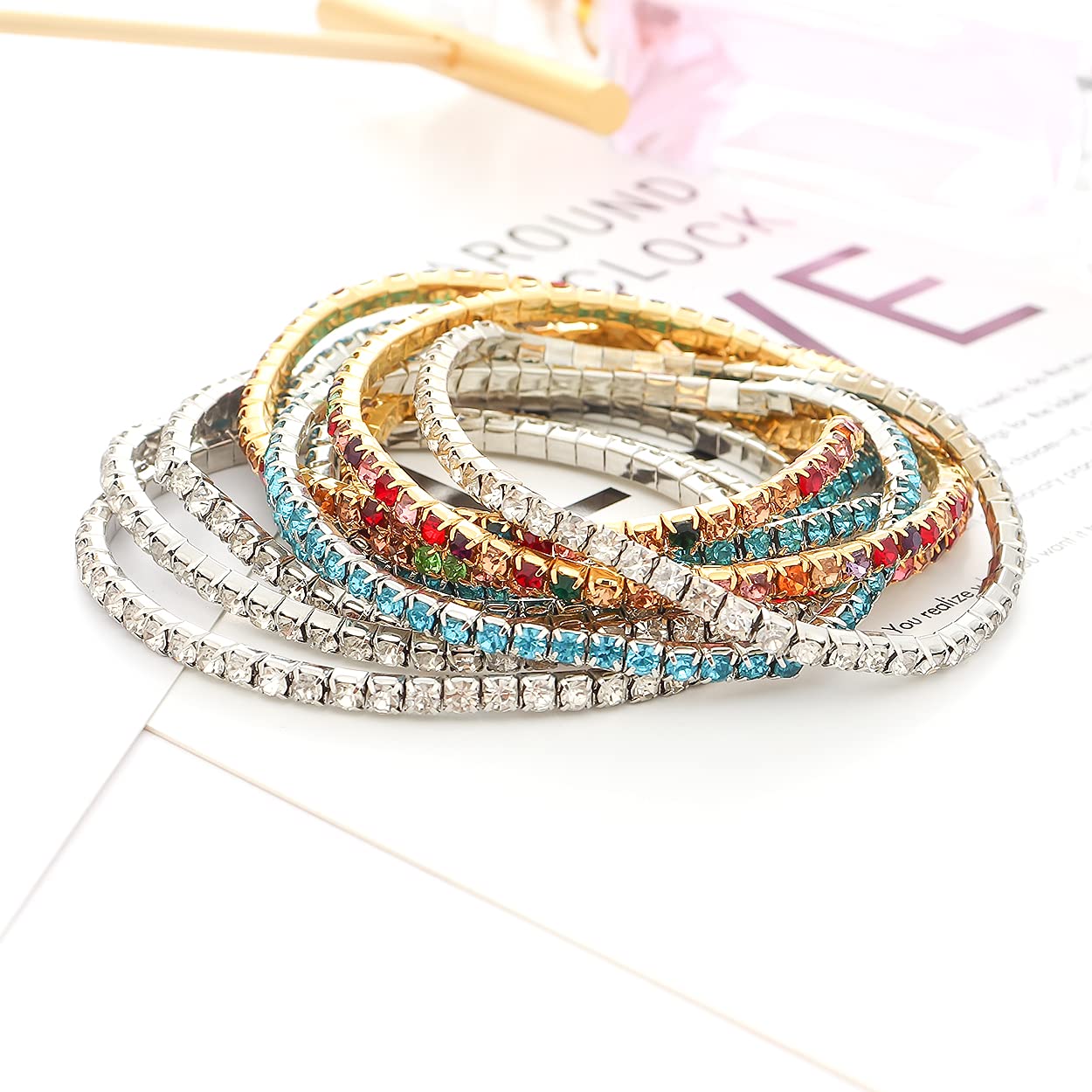 DIMISHIN Rhinestone Stretch Bracelet for Women Stacking Crystal Tennis Bracelet Diamond Bracelet Set (Multicolor)