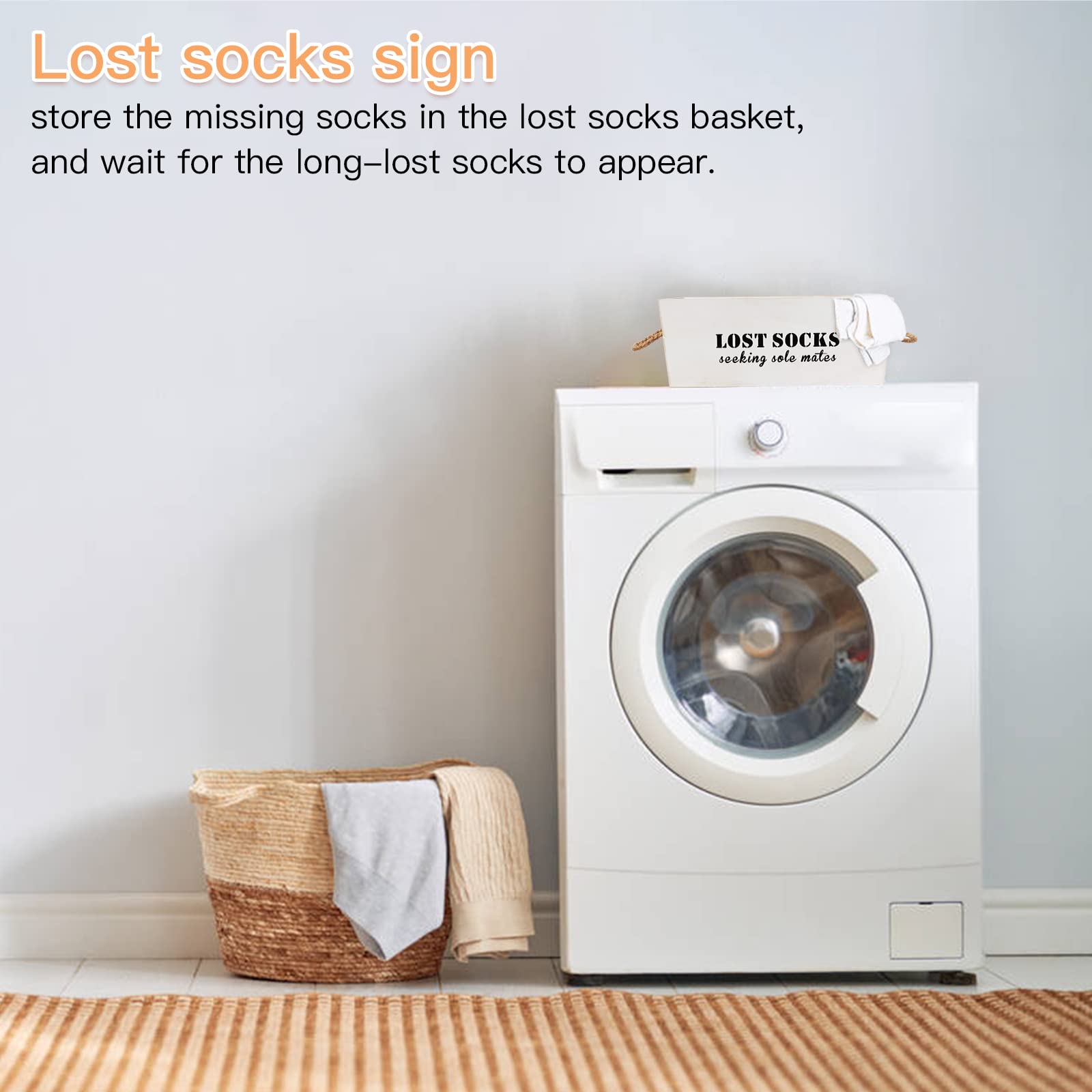 Zimso Lost Socks Basket Lost Socks Sign, Wooden Missing Socks Decor, Lost Socks Sign With Basket (White)