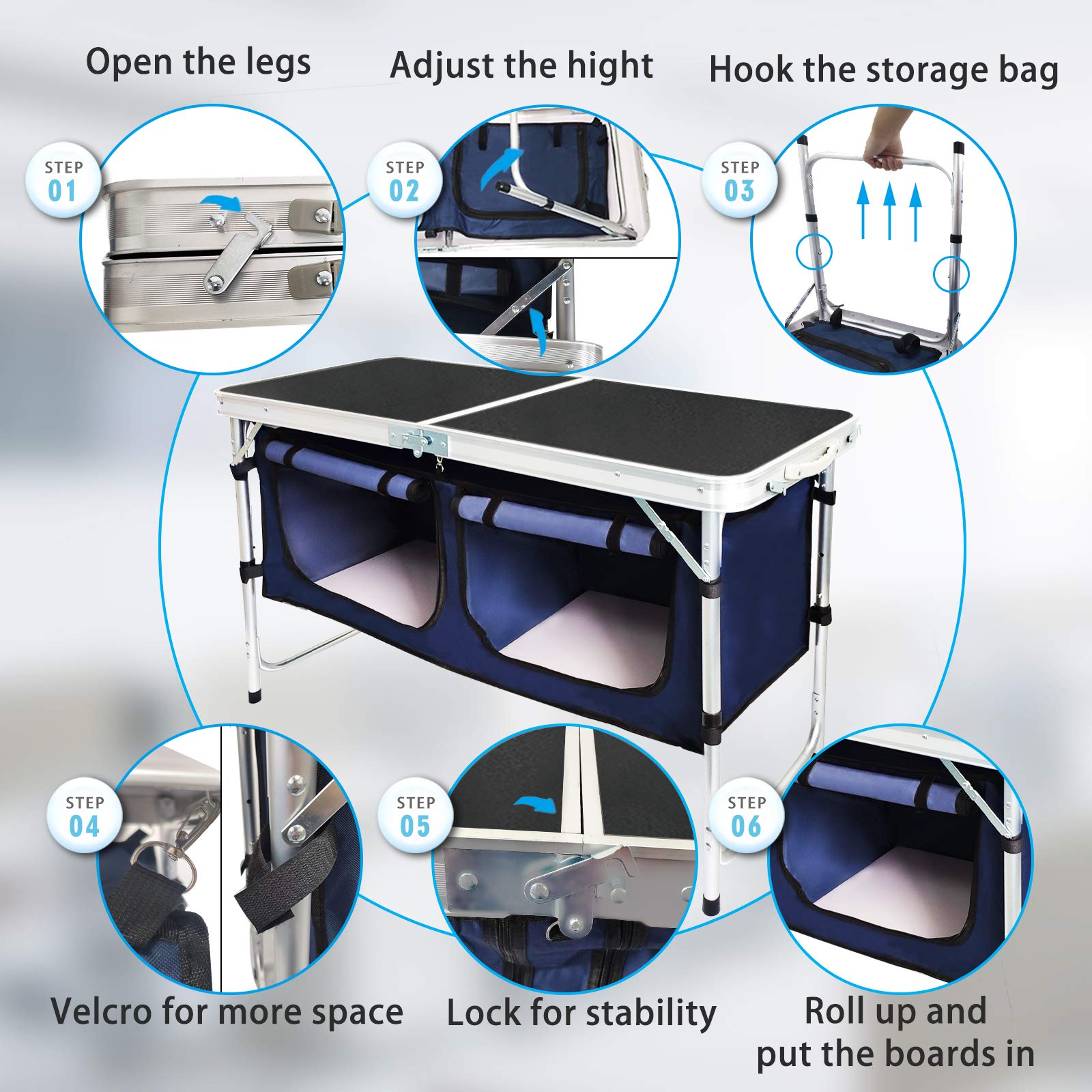 Gocamptoo Outdoor Folding Table with Storage Organizer, Portable Aluminum Lightweight Adjustable Table for Camping, Picnic (BK)