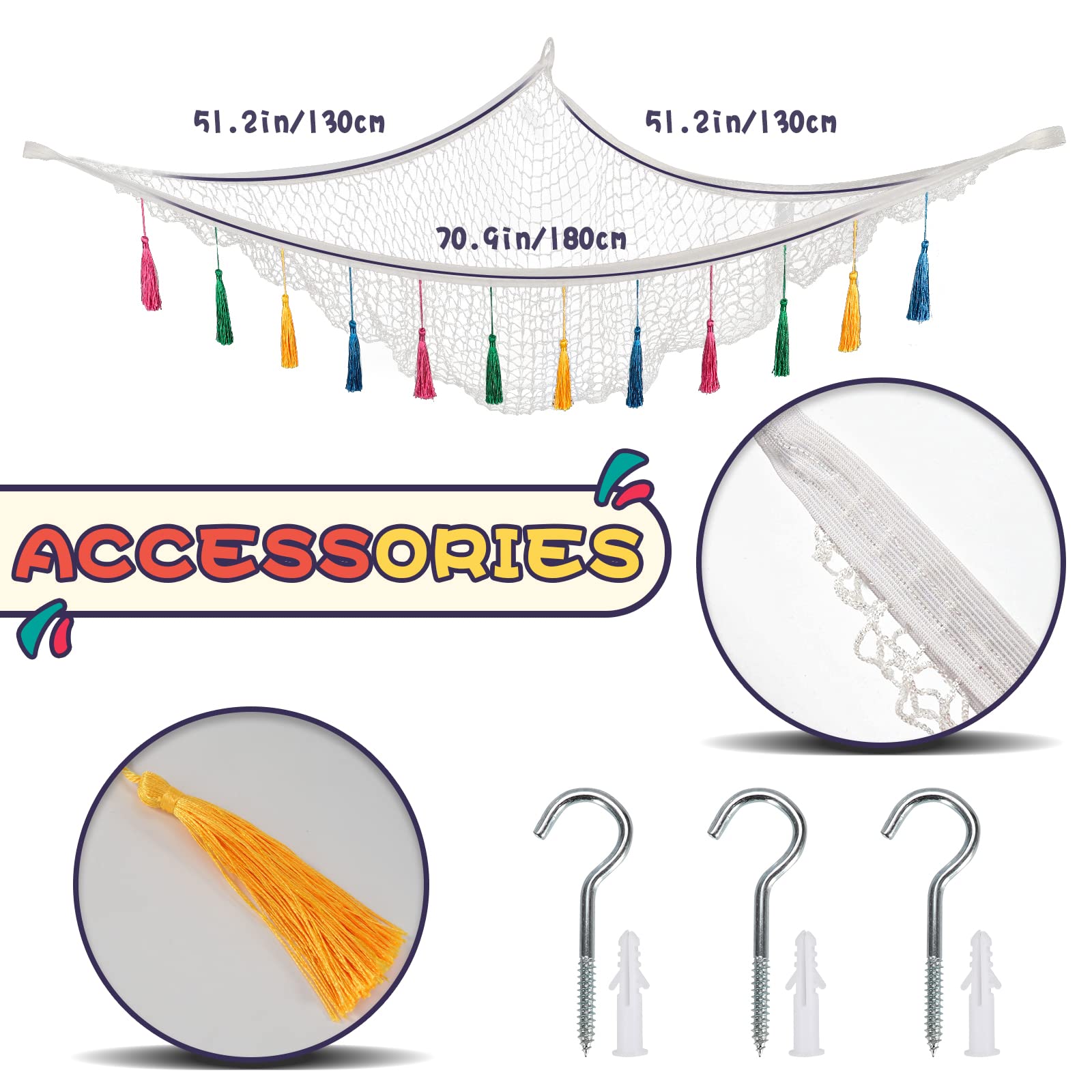 Stuffed Animal Net, Toy Storage Hammock, Premium Plush Hanging Stuff Animals Organizer, Mesh Pet Net with 12pcs Colorful Tassels for Nursery Play Room Bedroom Kid Room(Large, White)
