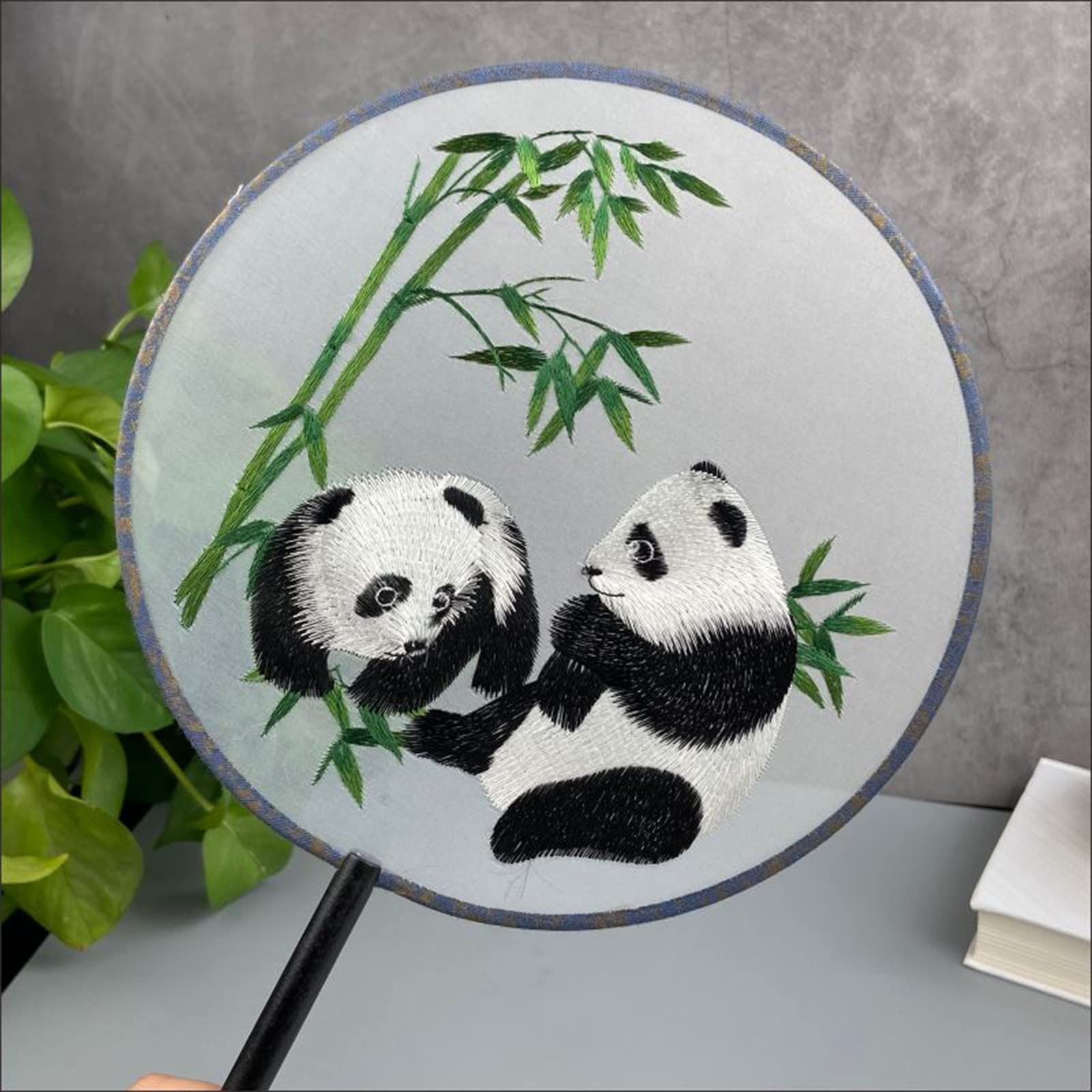ERTUO Embroidered Long Handle Hand Fan Panda Embroidered Round Fan Semi-Transparent Retro Hanfu Dance Cheongsam Chinese Style Classical Fan