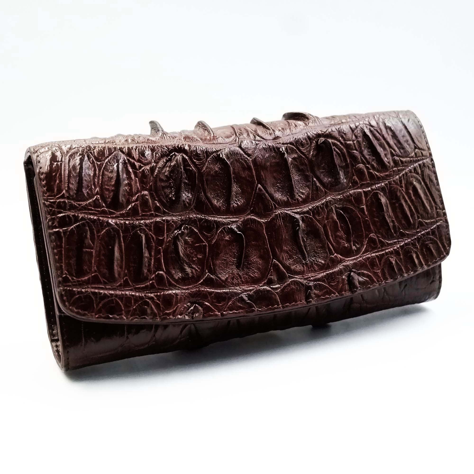 EXSOOTTI New Brown Genuine Crocodile Leather Black Tail Skin Women Tri-Fold Clutch Wallet Purse.