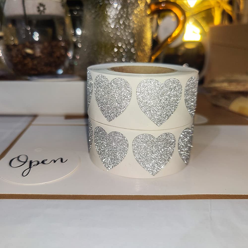 GLORYSHOP Silver Heart Stickers Roll, Glitter Dots 300 Pcs 1 Inch Self Adhesive Sticker Labels Envelope Seals for Wedding, Business, Graduation, Birthday, Party, Flower Gift Wraps