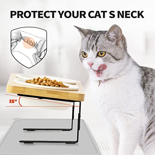 PEJOYT Elevated Cat Ceramic Bowls - Adjustable Tilted Bamboo Raised Dog Bowls for Small Dogs Pet Food and Water Dish Feeder with Stand