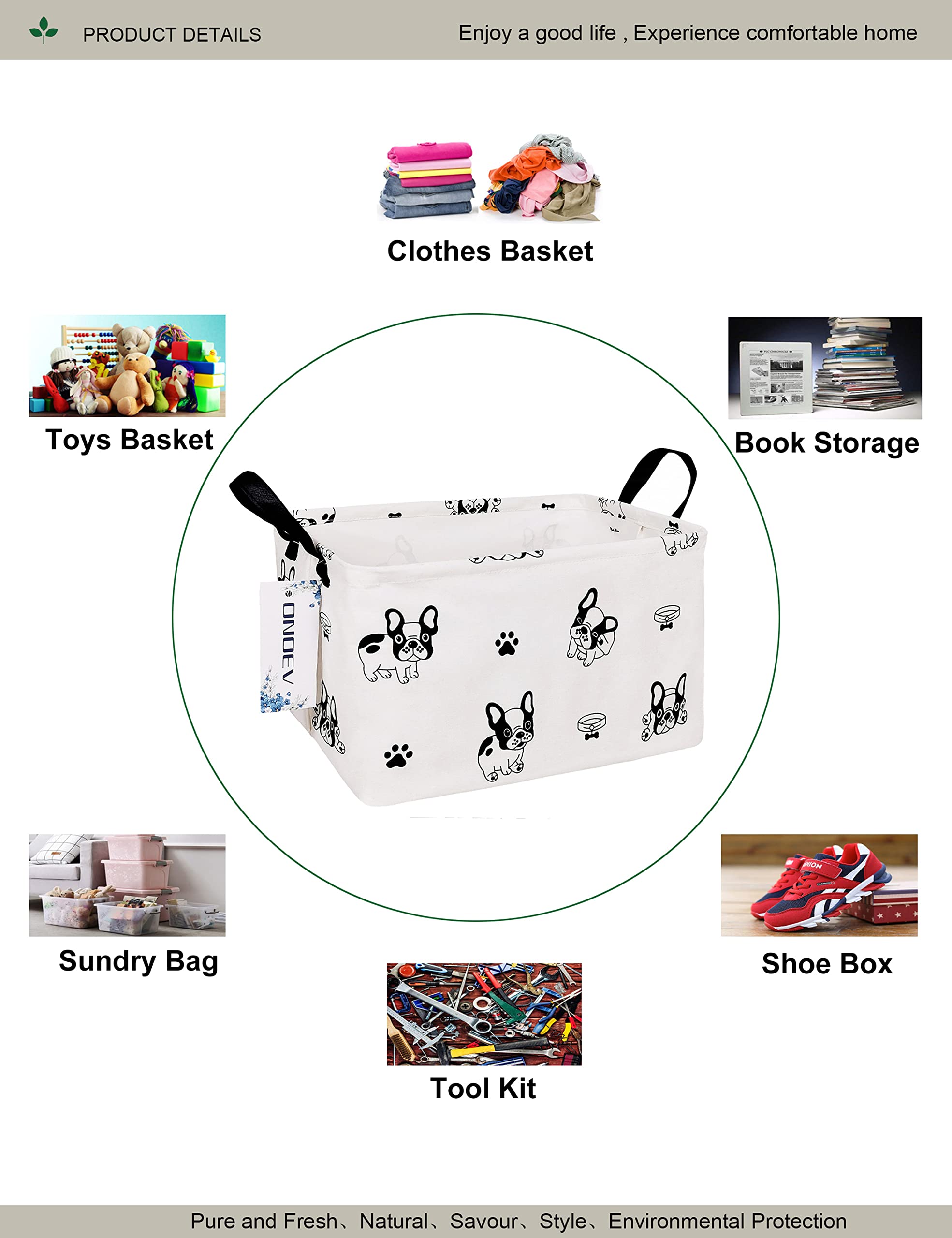 ONOEV Rectangular Fabric storage box, decorative basket and finishing basket with handle are used for the storage of clothes, books and sundries (Bulldog) 14.9’’L ×10.2’’W×9.05’’H inches