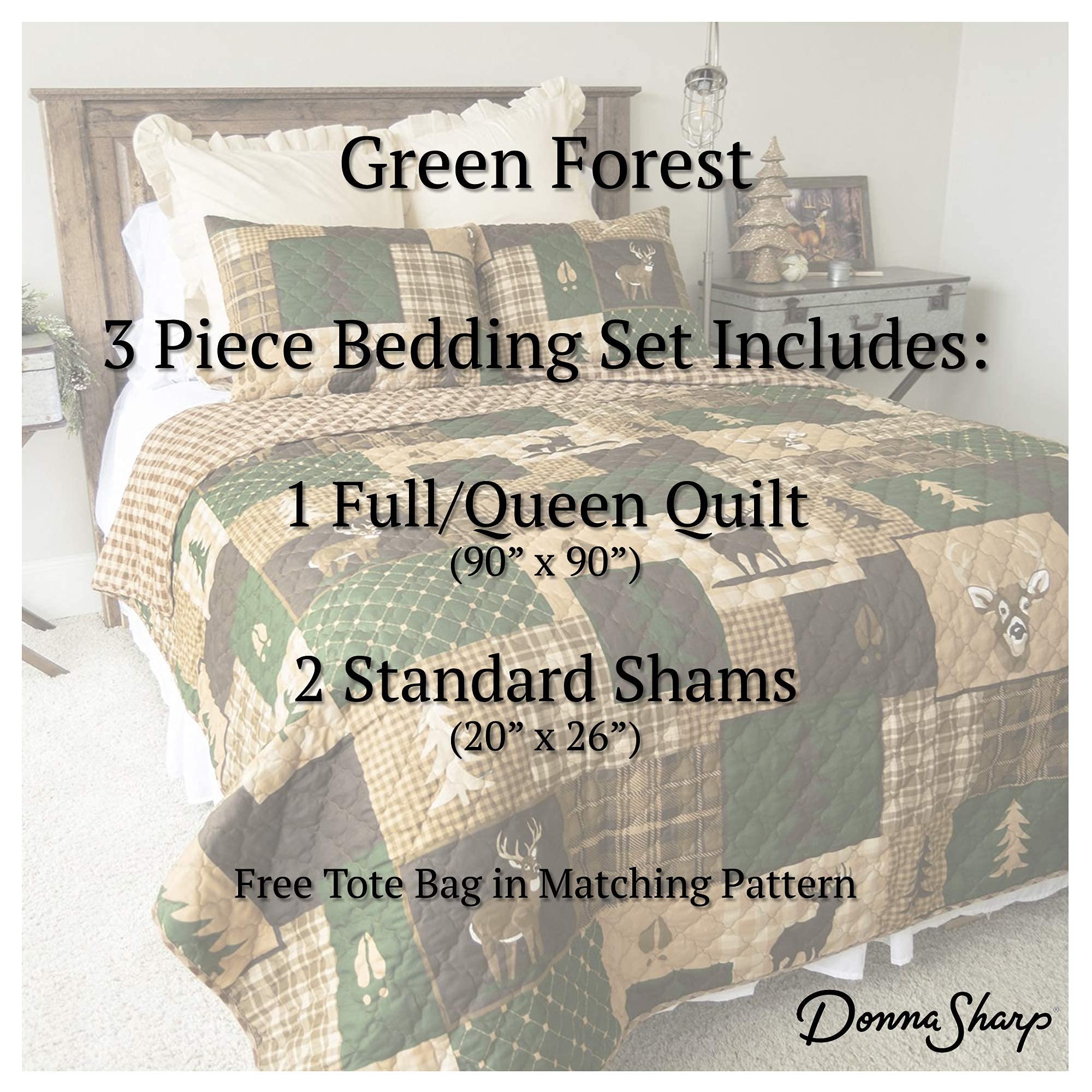 Donna Sharp Full/Queen Bedding Set - 3 Piece - Green Forest Lodge Quilt Set with Full/Queen Quilt and Two Standard Pillow Shams - Fits Queen Size and Full Size Beds - Machine Washable