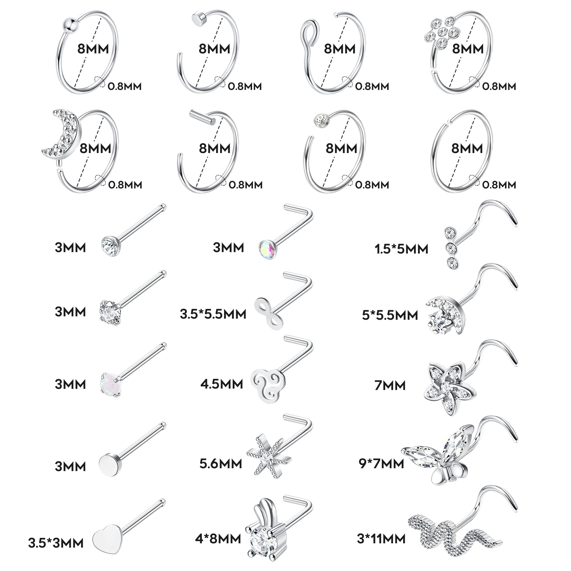 FIBO STEEL Nose Rings 20G Nose Rings Hoops Studs for Women Surgical Steel Nose Piercings Set L Bone Screws Shaped Silver-tone
