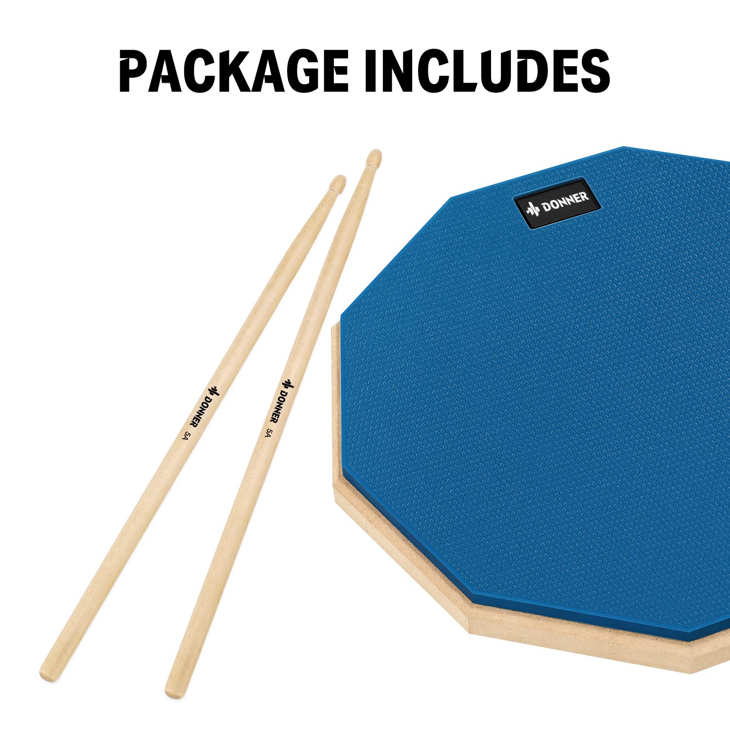 Donner 12 Inches Drum Practice Pad Silent Drum Pad Set Blue 2-Sided With Drum Sticks