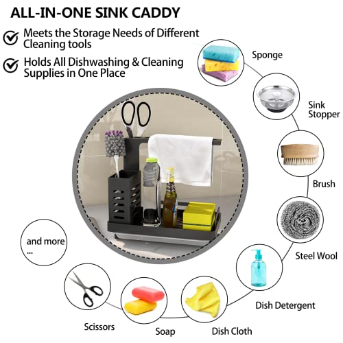 Sink Caddy Kitchen Sink Organizer, Stainless Steel Kitchen Caddy Sink Organizer with Removable Drain Tray for Soap, Sponge, Scrubber, Brush and Dishcloth, Rustproof Countertop Kitchen Sink Organizer
