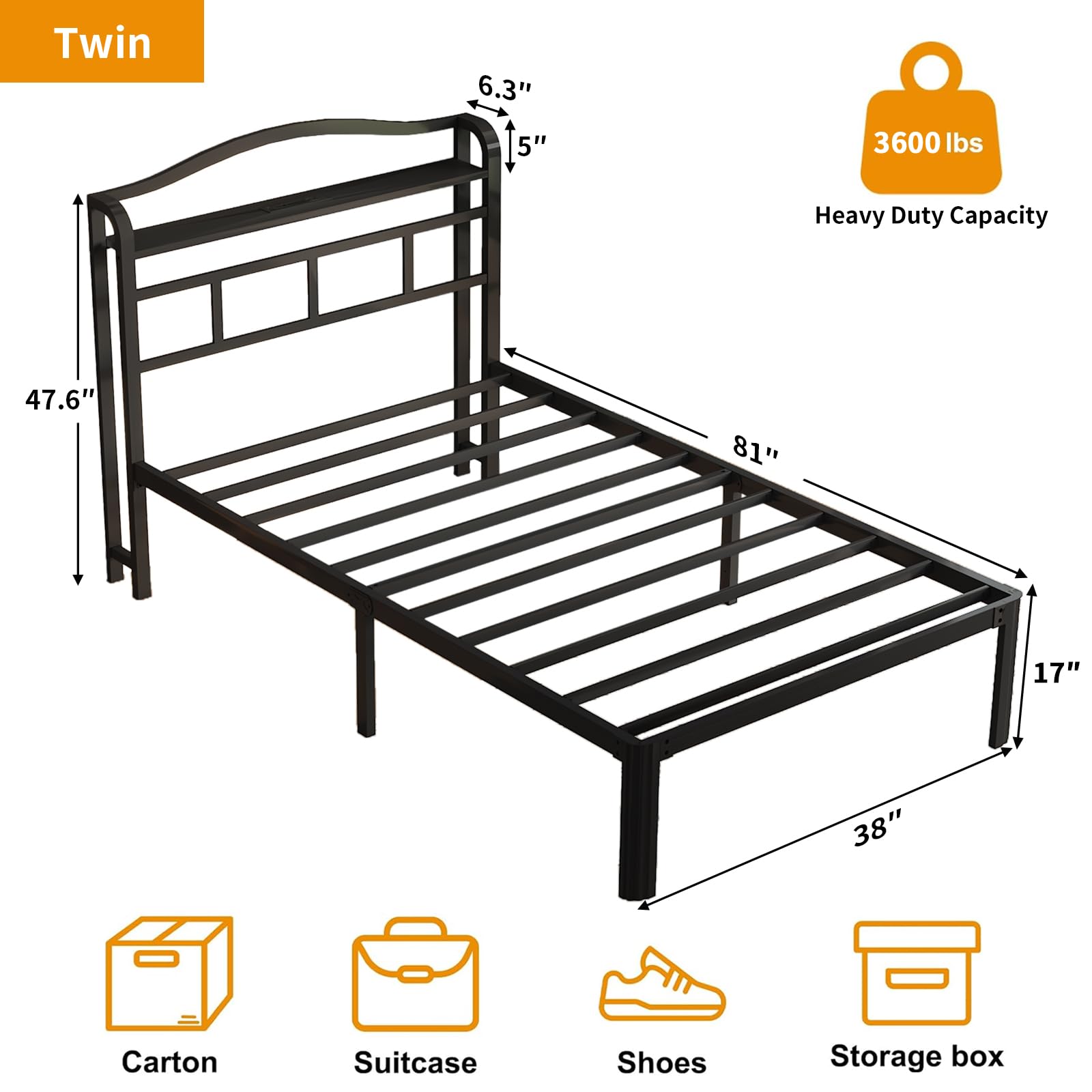 OSASET Twin Bed Frame - Twin Bed Frame with Headboard and USB & Type C Charging Station, Heavy Duty Metal Bed Frame No Box Spring Needed with Ample Storage Space - Easy Assembly and Noise Free