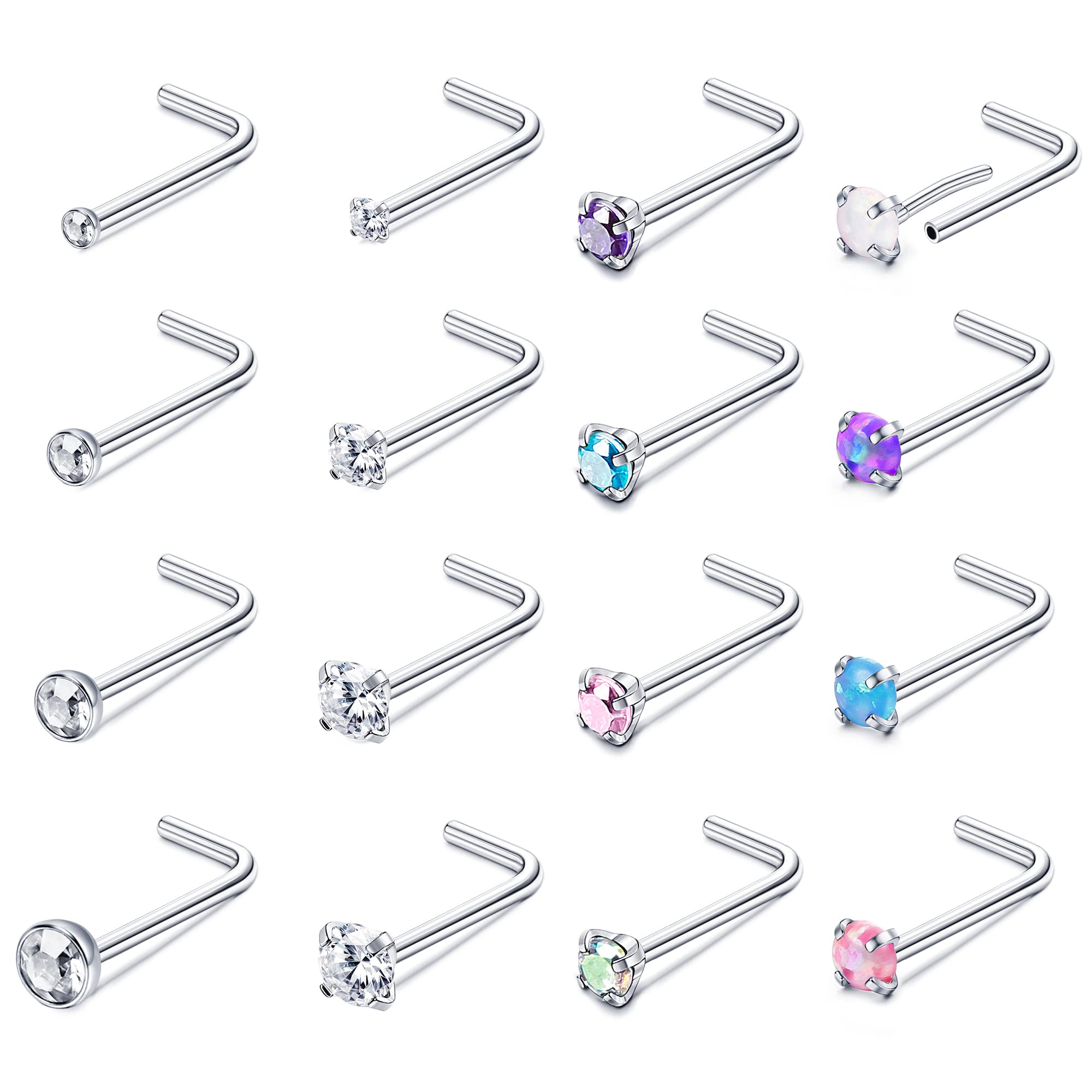 FIBO STEEL Threadless Nose Rings Studs for women Push in L Shaped Nose Studs Surgical Stainless Steel CZ Opal Nose Rings Studs Nose Piercing Jewelry 1.5mm 2mm 2.5mm 3mm 20G