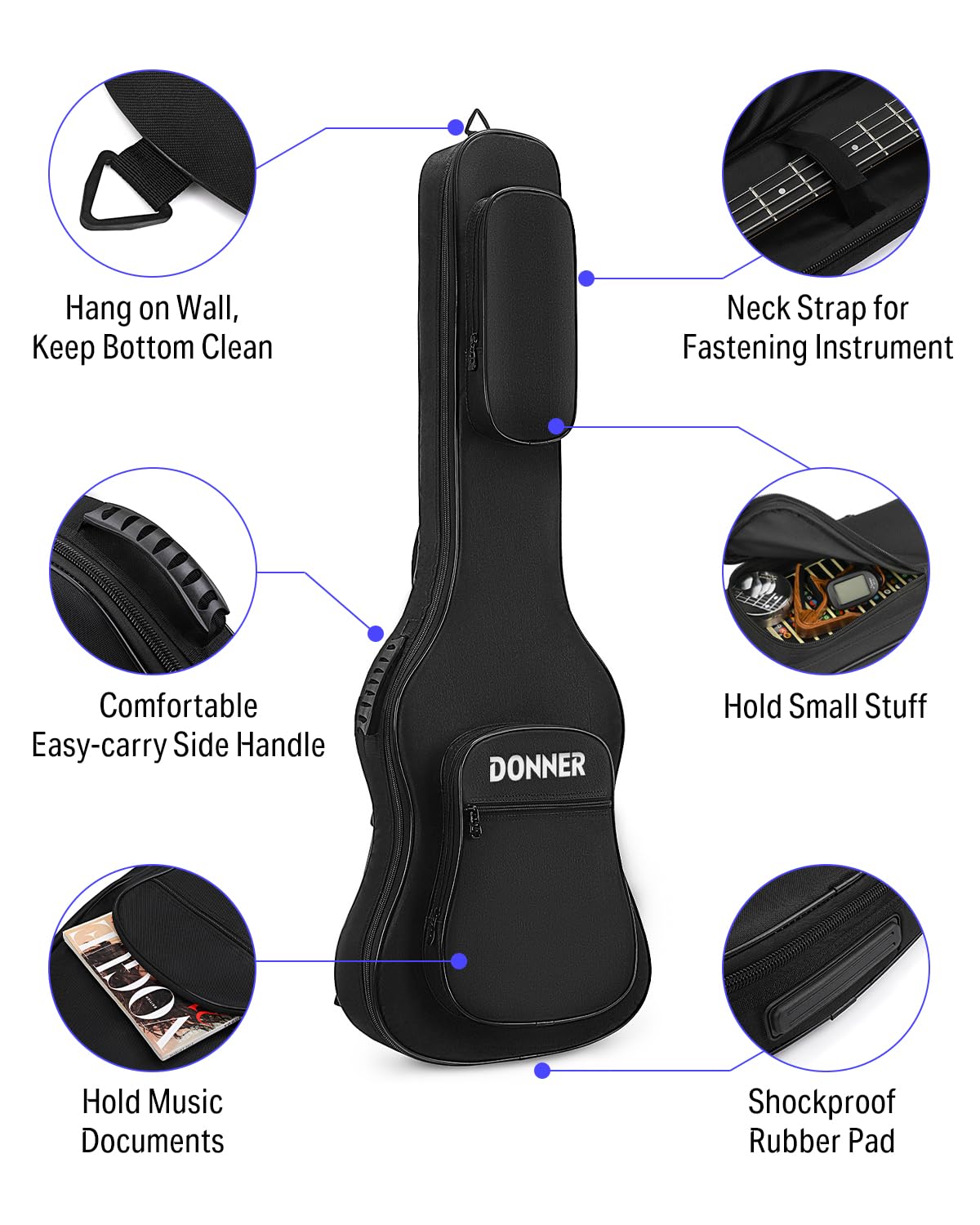 Donner 47 Inch Bass Guitar Case, 0.4 Inch Thick Padding Sponge 600D Ripstop Waterproof Nylon Soft Electric Bass Guitar Gig Bag with 3 Pockets and Back Hanger Loop, Black